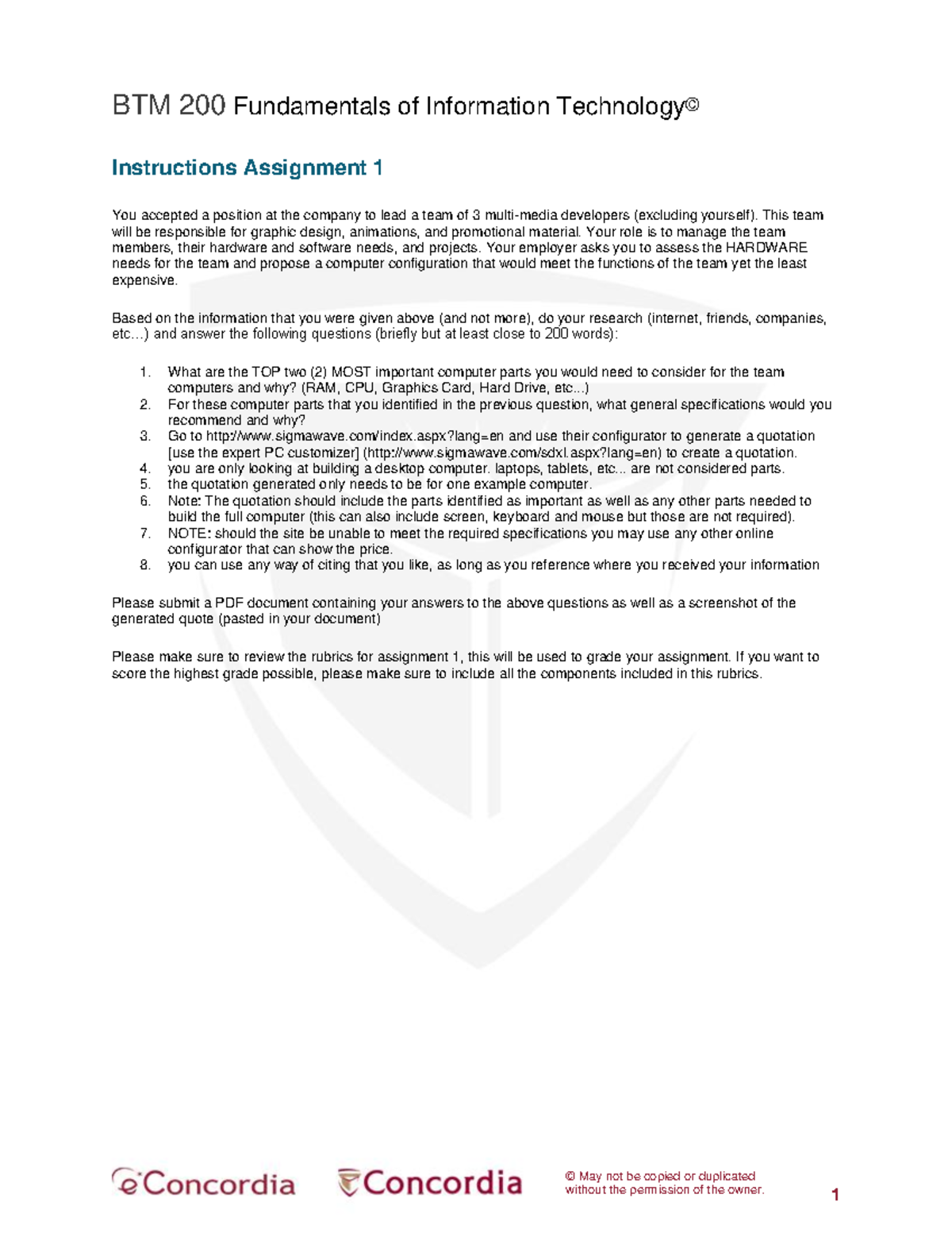 BTM200- assignment 1 - 1 © May not be copied or duplicated without the permission of the owner ...