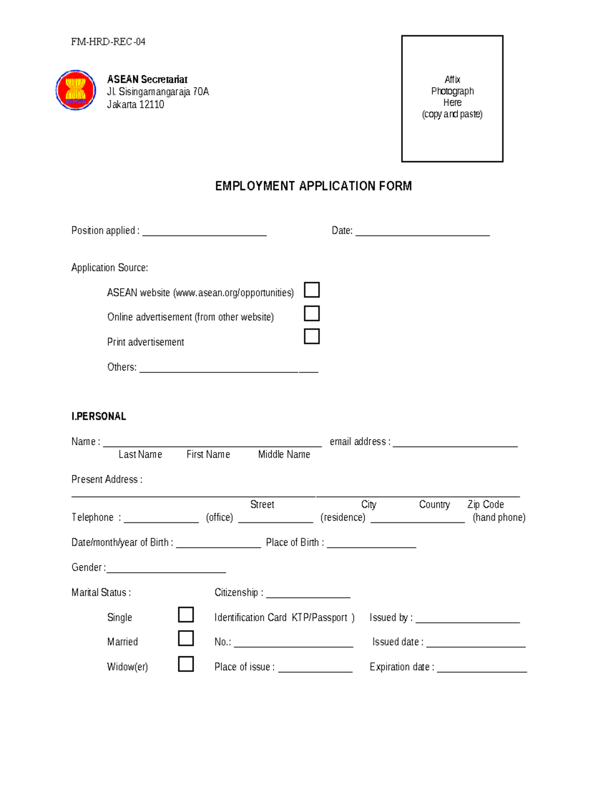 01 ASEC Employment Form 2022 - ASEAN Secretariat Jl. Sisingamangaraja ...
