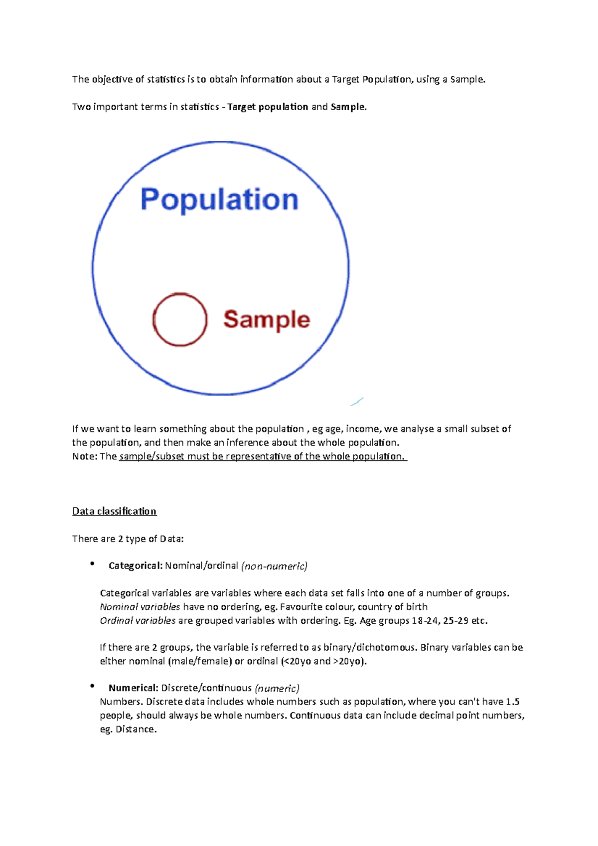 The objective of statistics is to obtain information about a Target ...