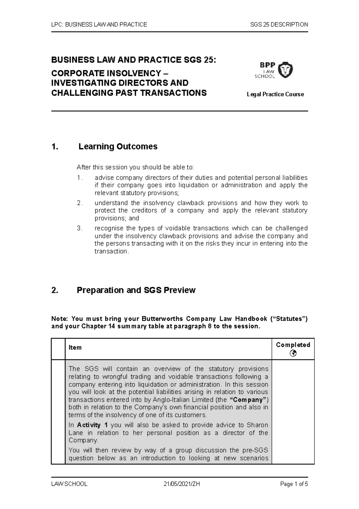 BLP SGS 25 description - LPC: BUSINESS LAW AND PRACTICE SGS 25 DESCRIPTION BUSINESS LAW AND ...