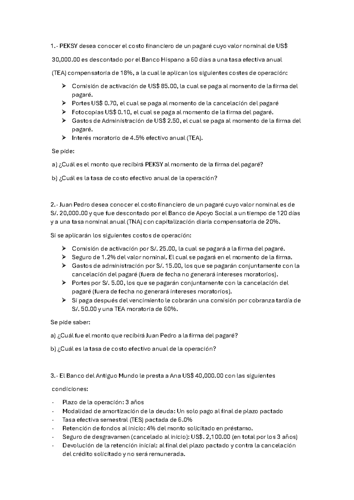 S6Ejercicios TCEA - ejercicios TCEA - 1.- PEKSY desea conocer el costo financiero de un pagaré ...