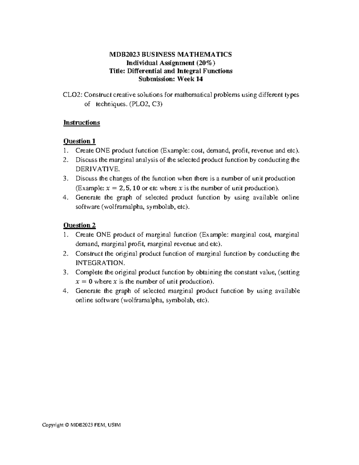 Instruction Rubric for Individual Assignment - Copyright © MDB2023 FEM ...