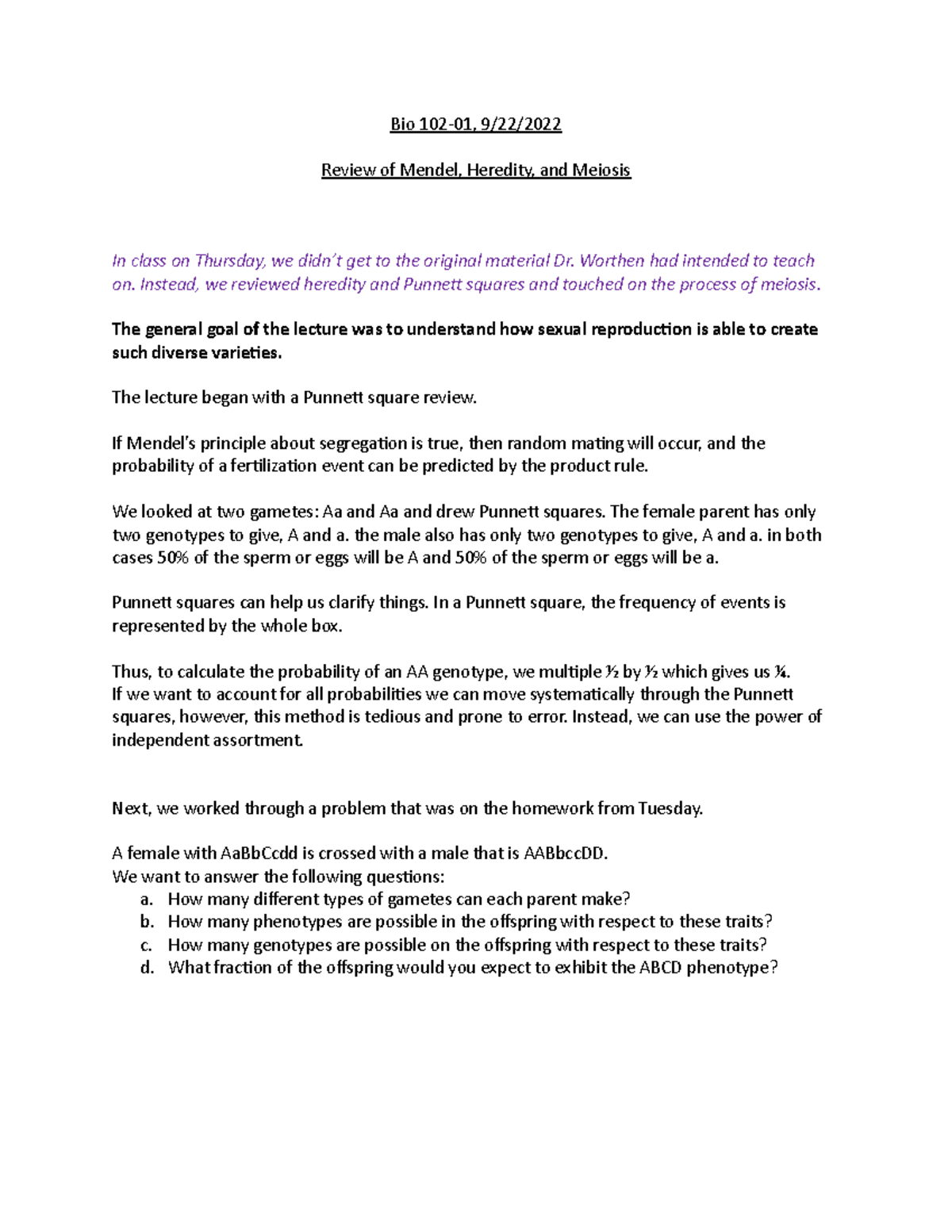 Bio notes 9 - Bio 102-01, 9/22/ Review of Mendel, Heredity, and Meiosis ...