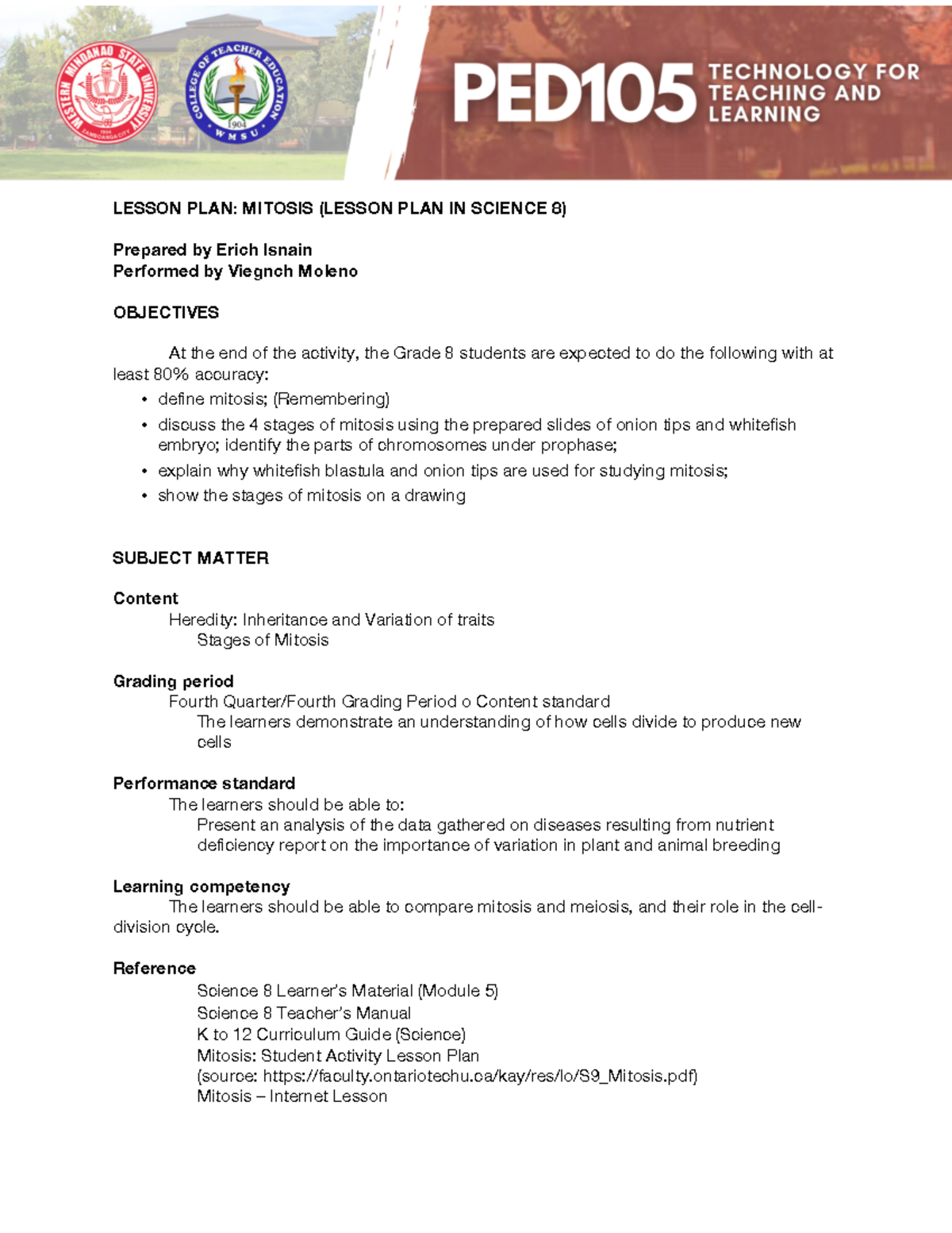 Heredity and Variation Lesson Plan - LESSON PLAN: MITOSIS (LESSON PLAN ...