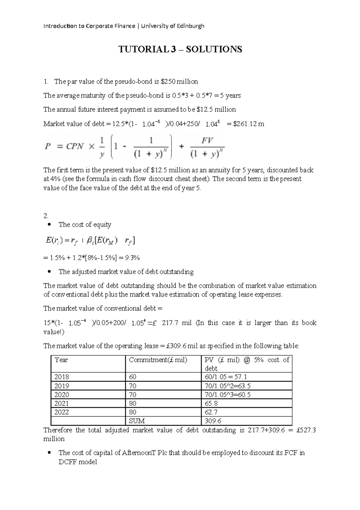 Tutorial 3- solution - Introducion to Corporate Finance | University of ...