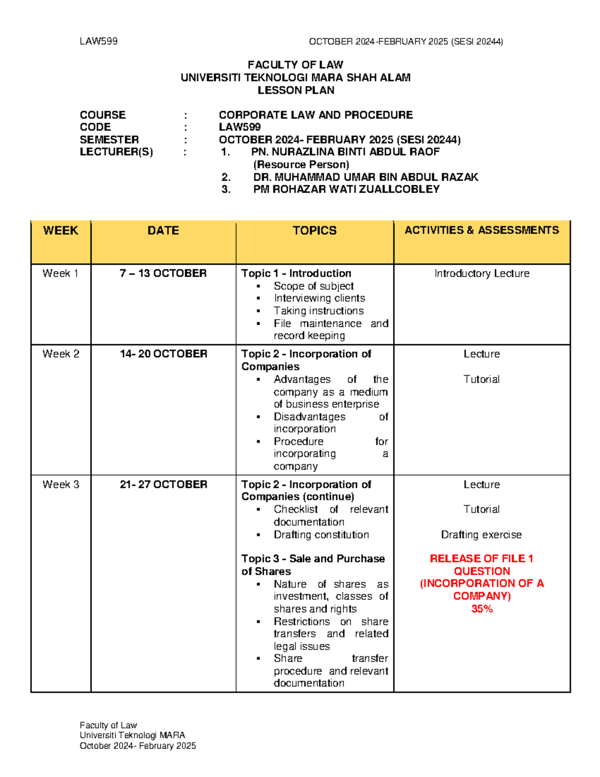 LAW599 Lesson PLAN (OCT 2024-FEB 2025)-SESI 20244 - Faculty of Law ...