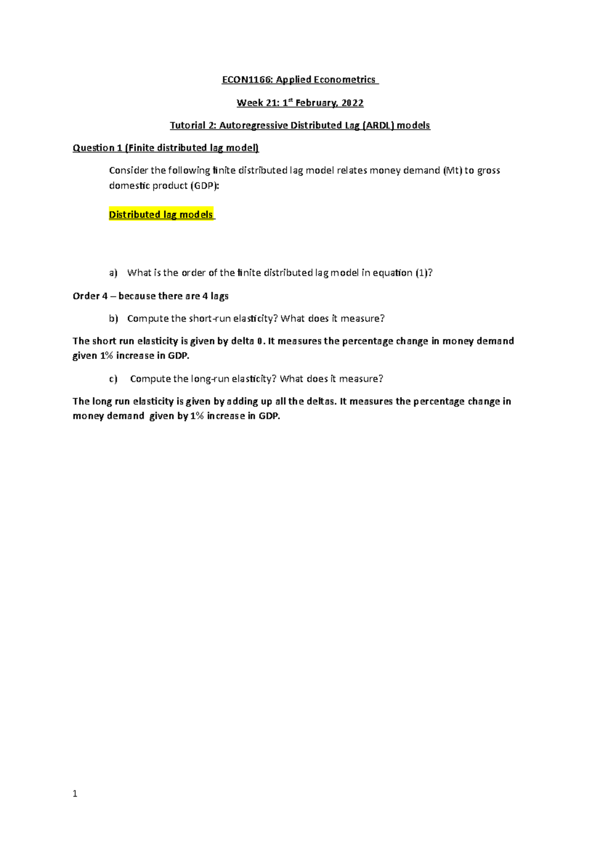 Tutorial 2-Tutorial exercise on ARDL models- 010222 - ECON1166: Applied ...