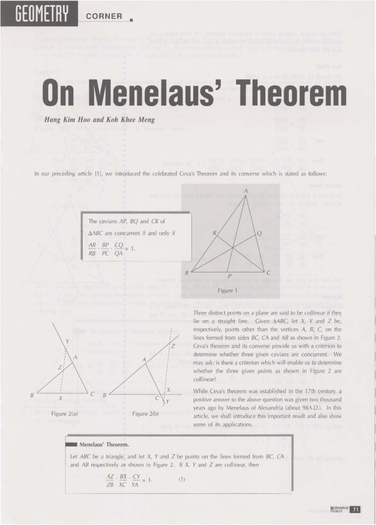 On Menelaus' Theorem (Hang Kim Hoo and Koh KM) - CORNER On Menelaus ...
