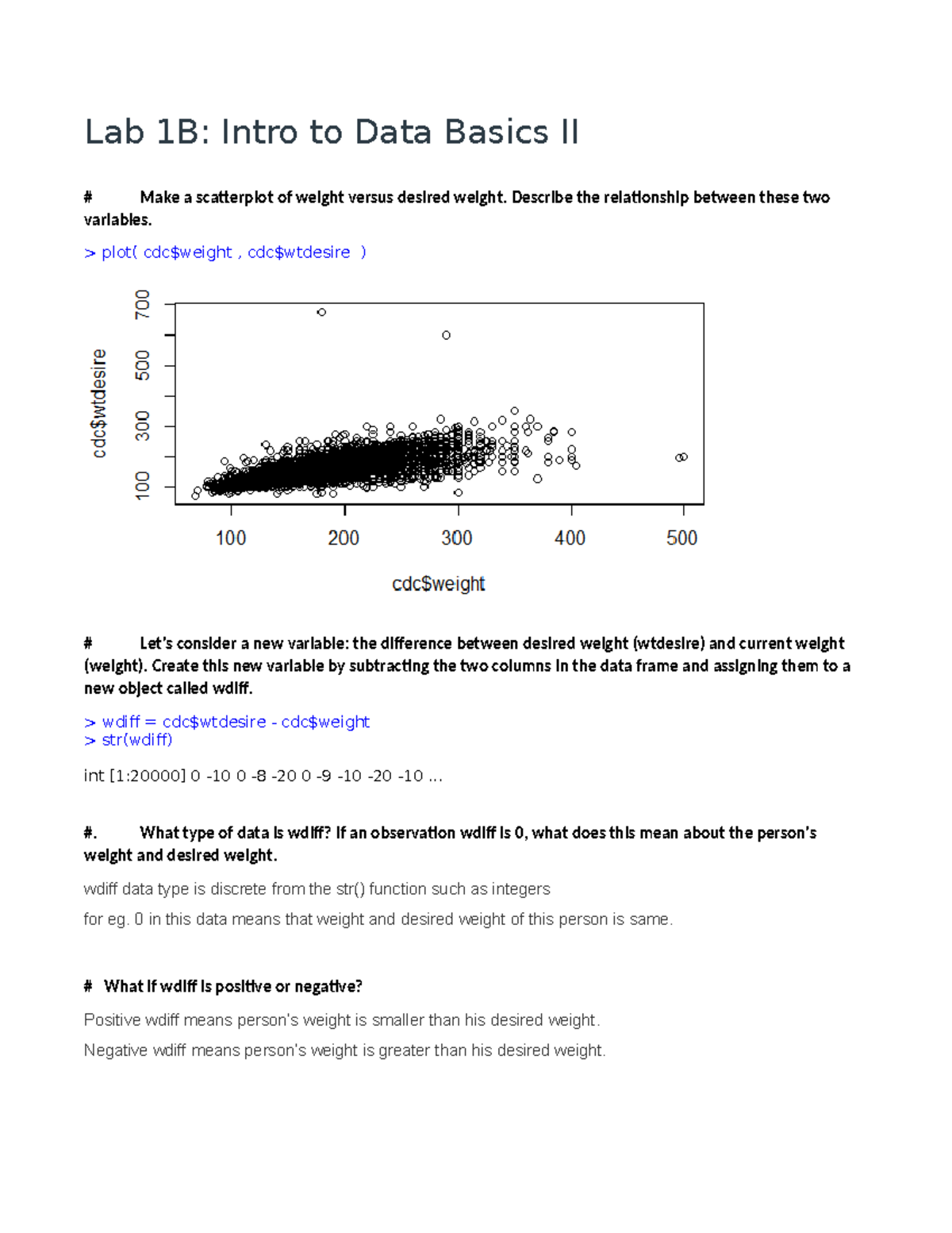 Lab 1B doc - Assignment - Lab 1B: Intro to Data Basics II # Make a scatterplot of weight versus ...
