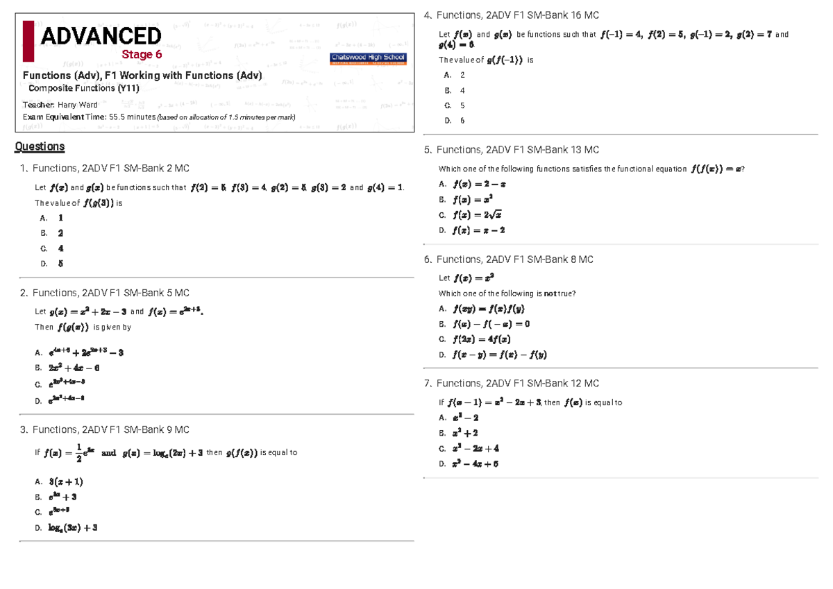 F1 Composite Functions - 1. Functions, 2ADV F1 SM-Bank 2 MC 2. Functions, 2ADV F1 SM-Bank 5 MC 3 ...
