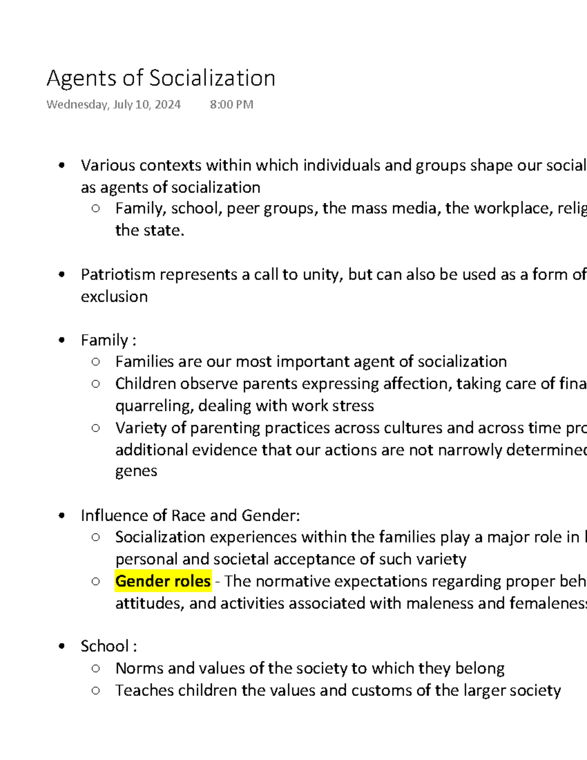 Module 2 Notes Agents of Socialization - Various contexts within which ...