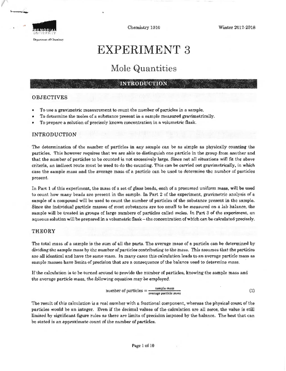 Lab 3 - N - . .. II : a Chemistry 1010 Winter EXPERIMENT 3 Mole ...