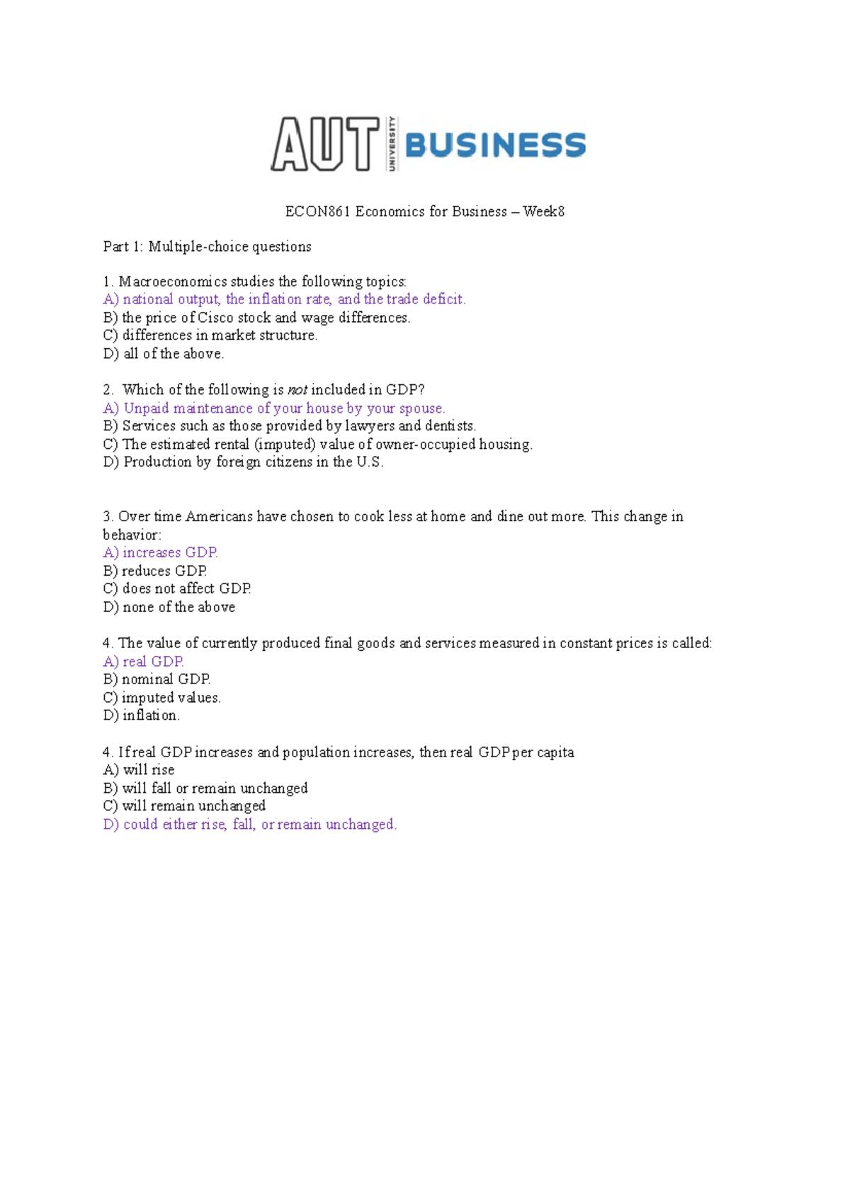Week 8 workshop solutions Revised - ECON861 Economics for Business ...