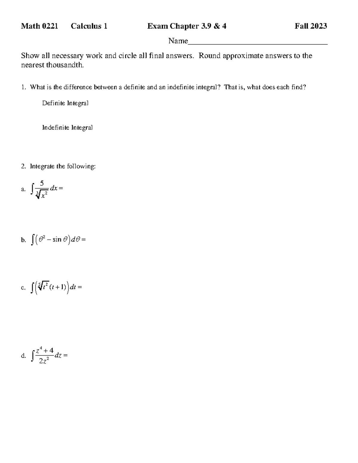 Exam IV Fall 2023 - Practice Exam #4 - Math 0221 Calculus 1 Exam ...