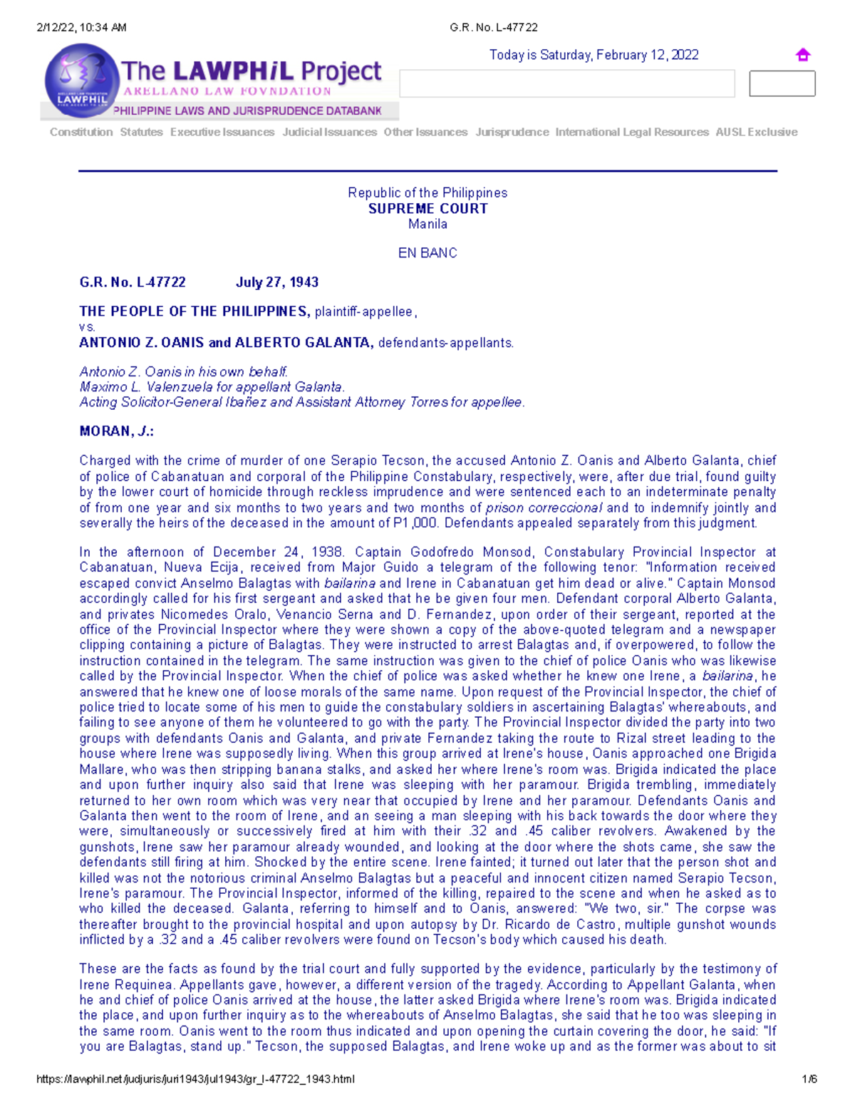 People vs. Oanis G.R. No. L-47722oanis - ConstitutionStatutes Executive ...