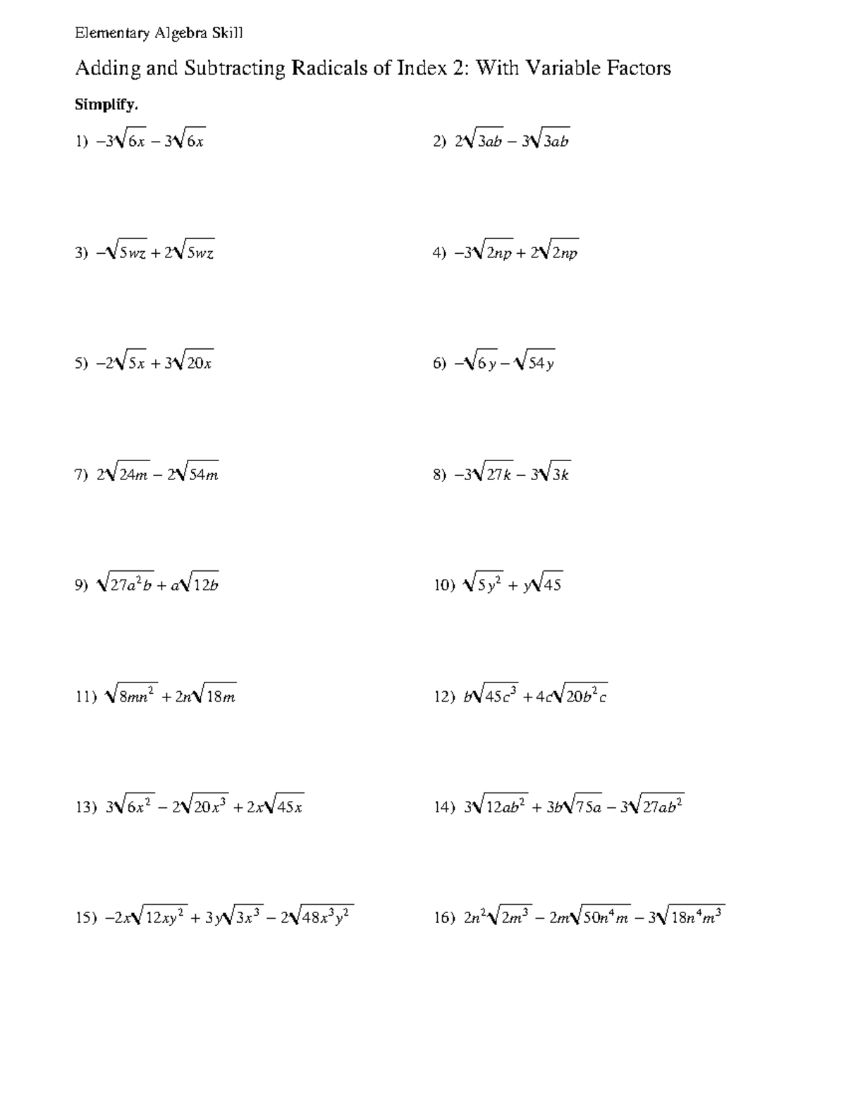 Radicalds quiz - easy - Elementary Algebra Skill Adding and Subtracting ...