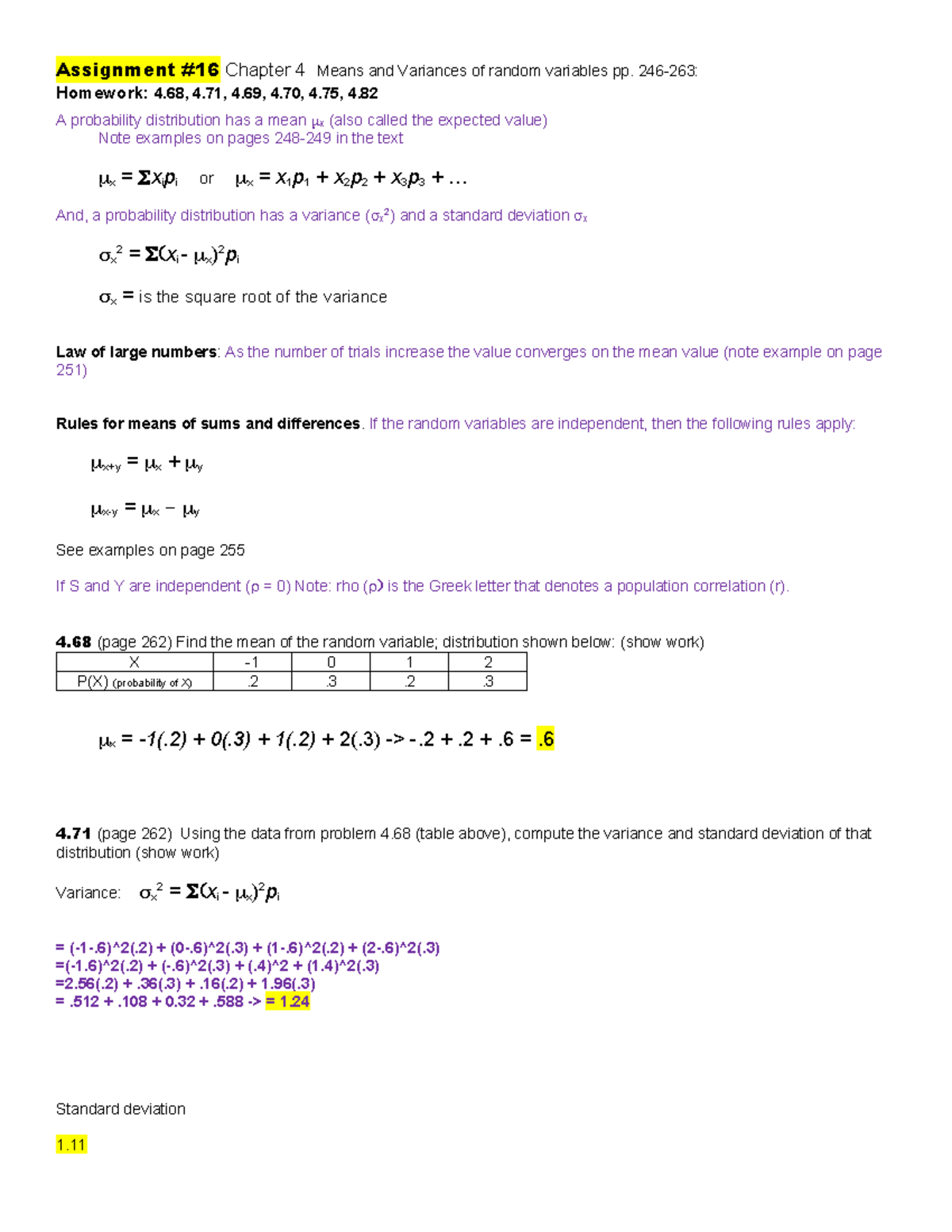 UA Stat Assignment #16 - Assignment #16 Chapter 4 Means and Variances ...