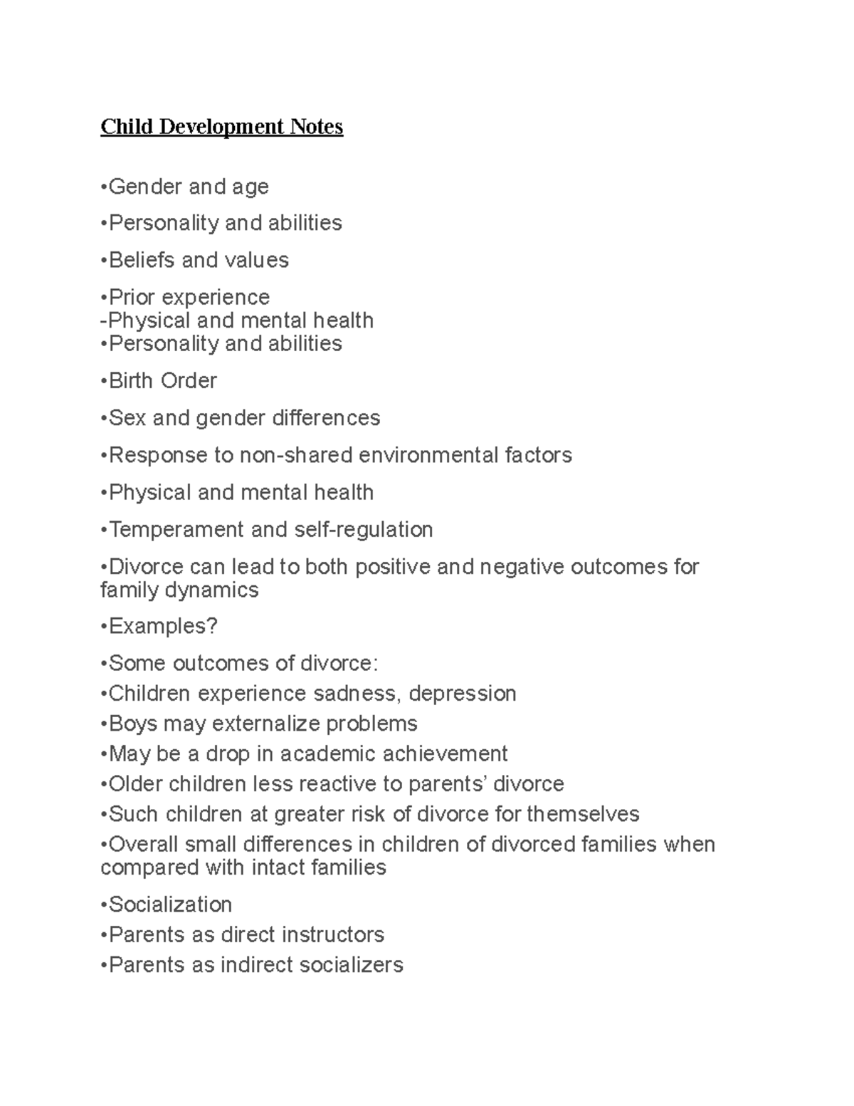 Child Development Notes - Child Development Notes •Gender and age ...