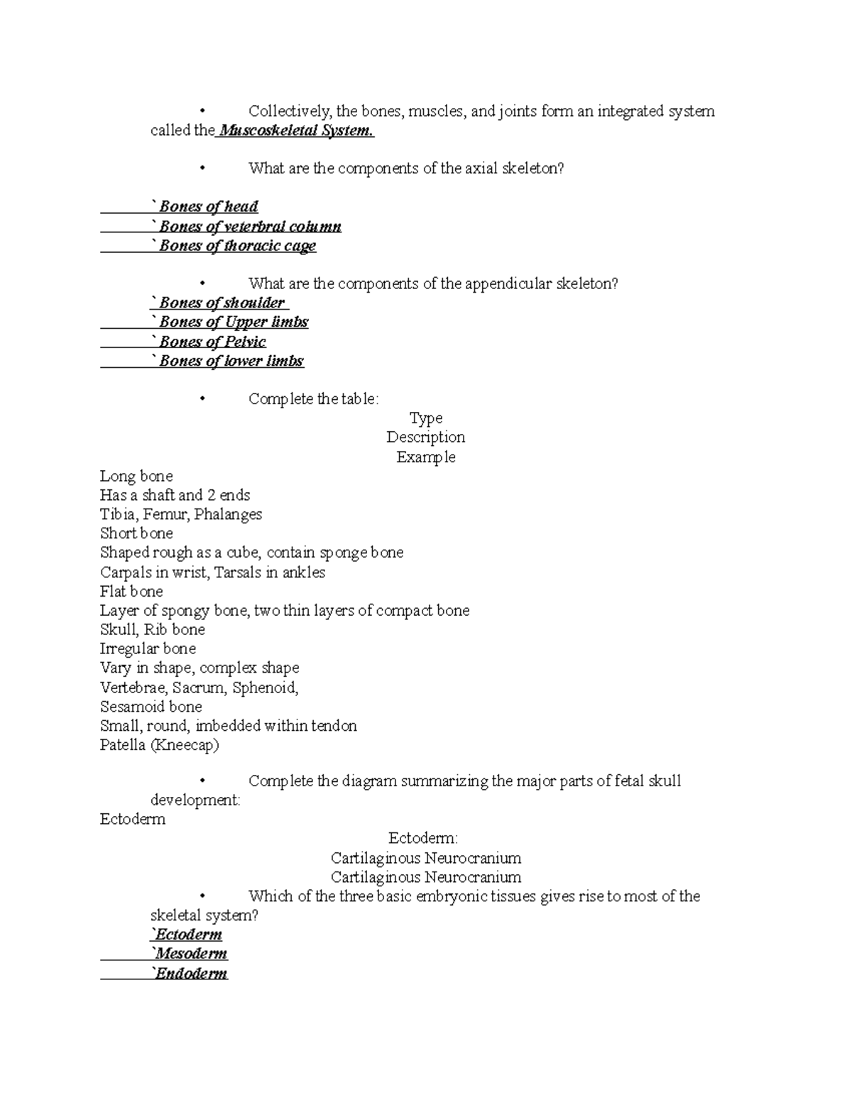 Bone and development worksheet - Collectively, the bones, muscles, and ...