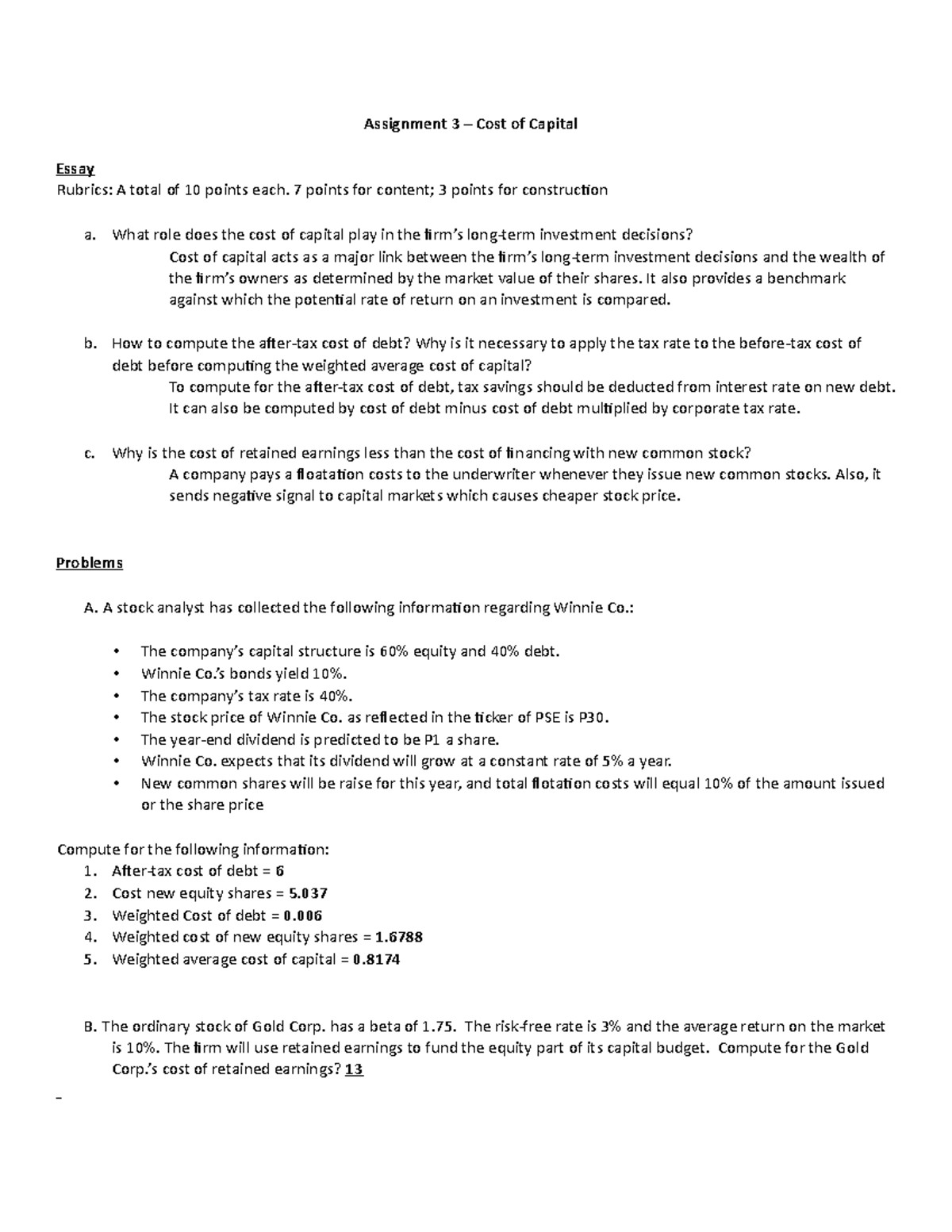 Labayne Assignment 3 - Assignment 3 – Cost of Capital Essay Rubrics: A ...