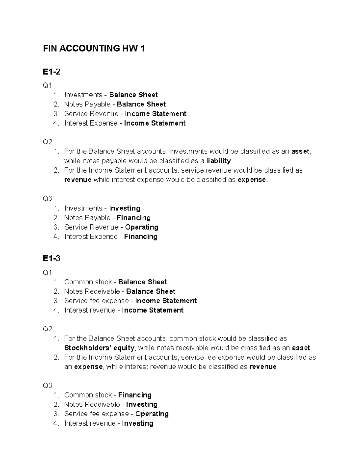 FIN Accounting HW 1 - Answers for financial accouting hw 1 - FIN ...