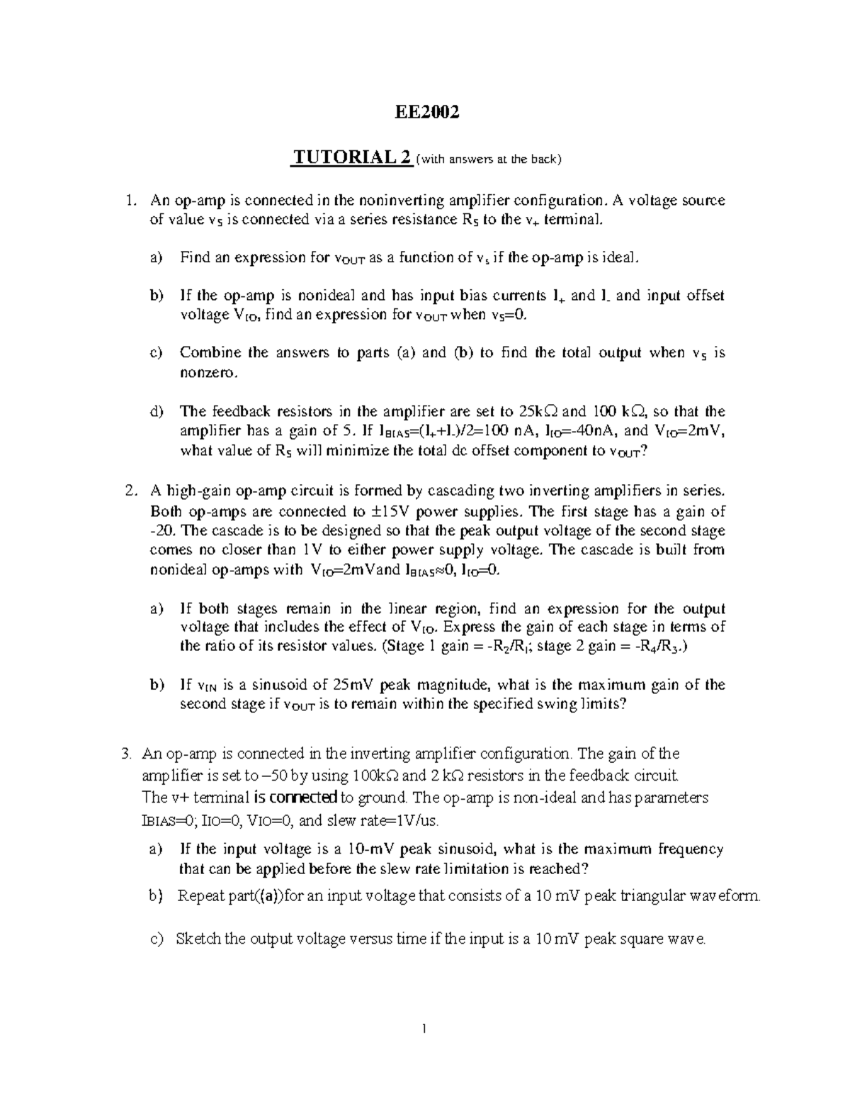 EE2002 tut2 - EE TUTORIAL 2 (with answers at the back) b) Repeat part((a))for an input voltage ...