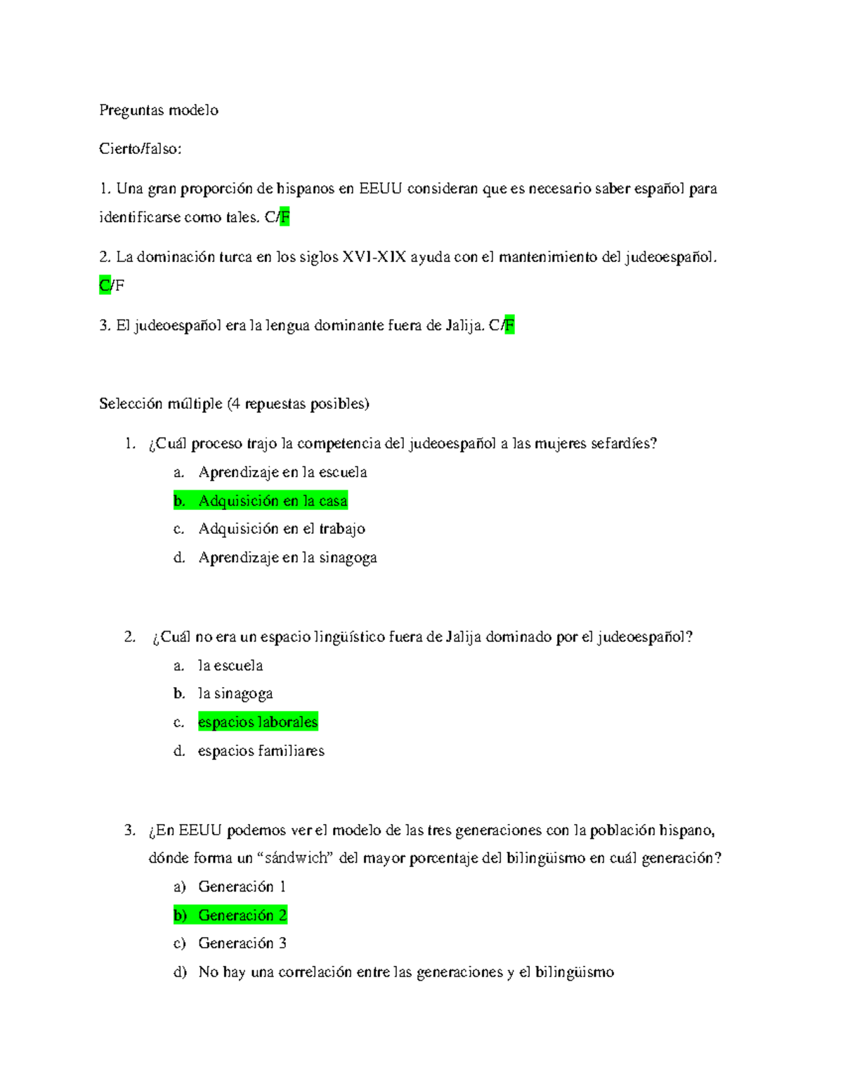 SPAN 5400 Practice Exam 4 w/ Answers (in Spanish) - Preguntas modelo ...