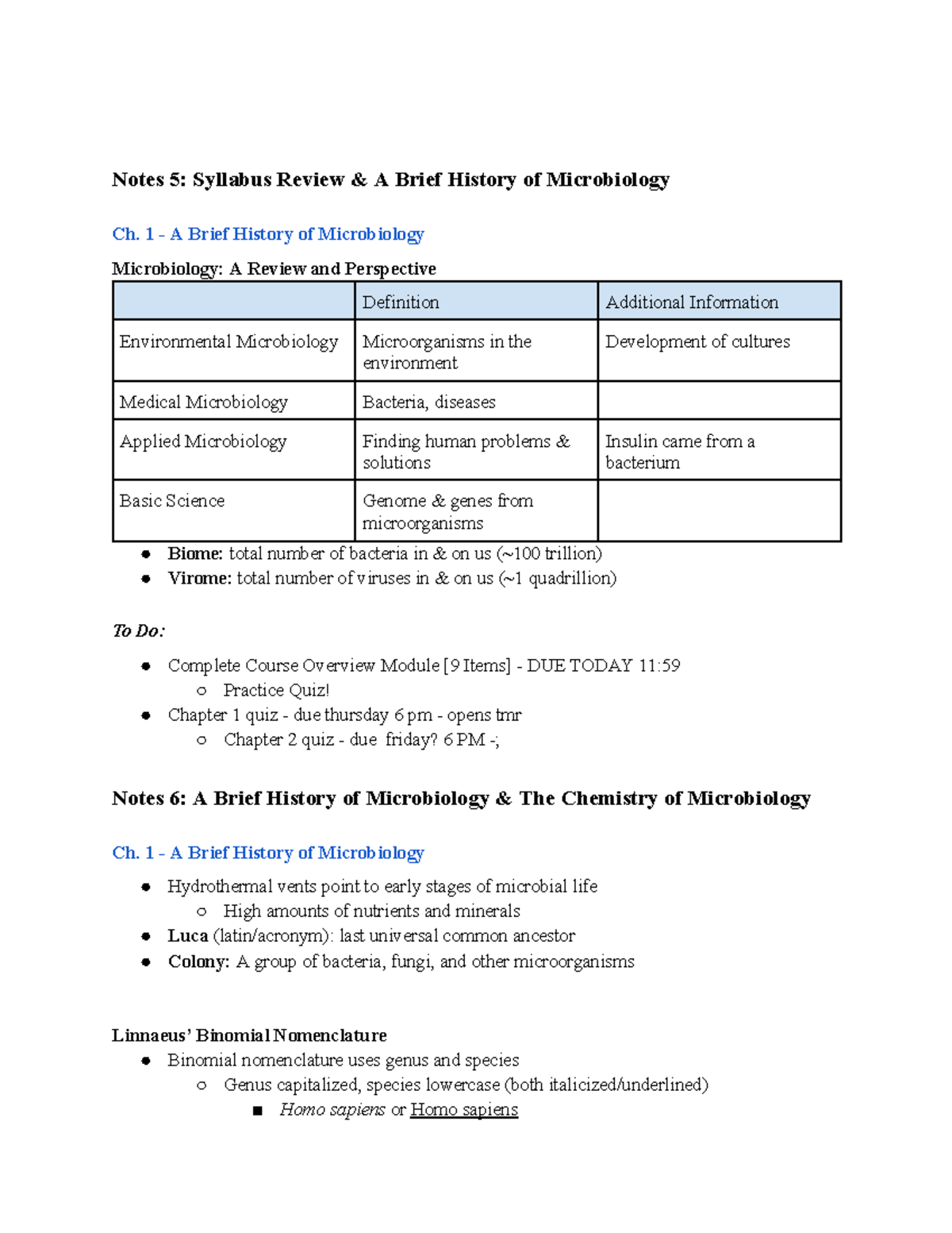 Microbiology Lec Notes - Notes 5: Syllabus Review & A Brief History of ...