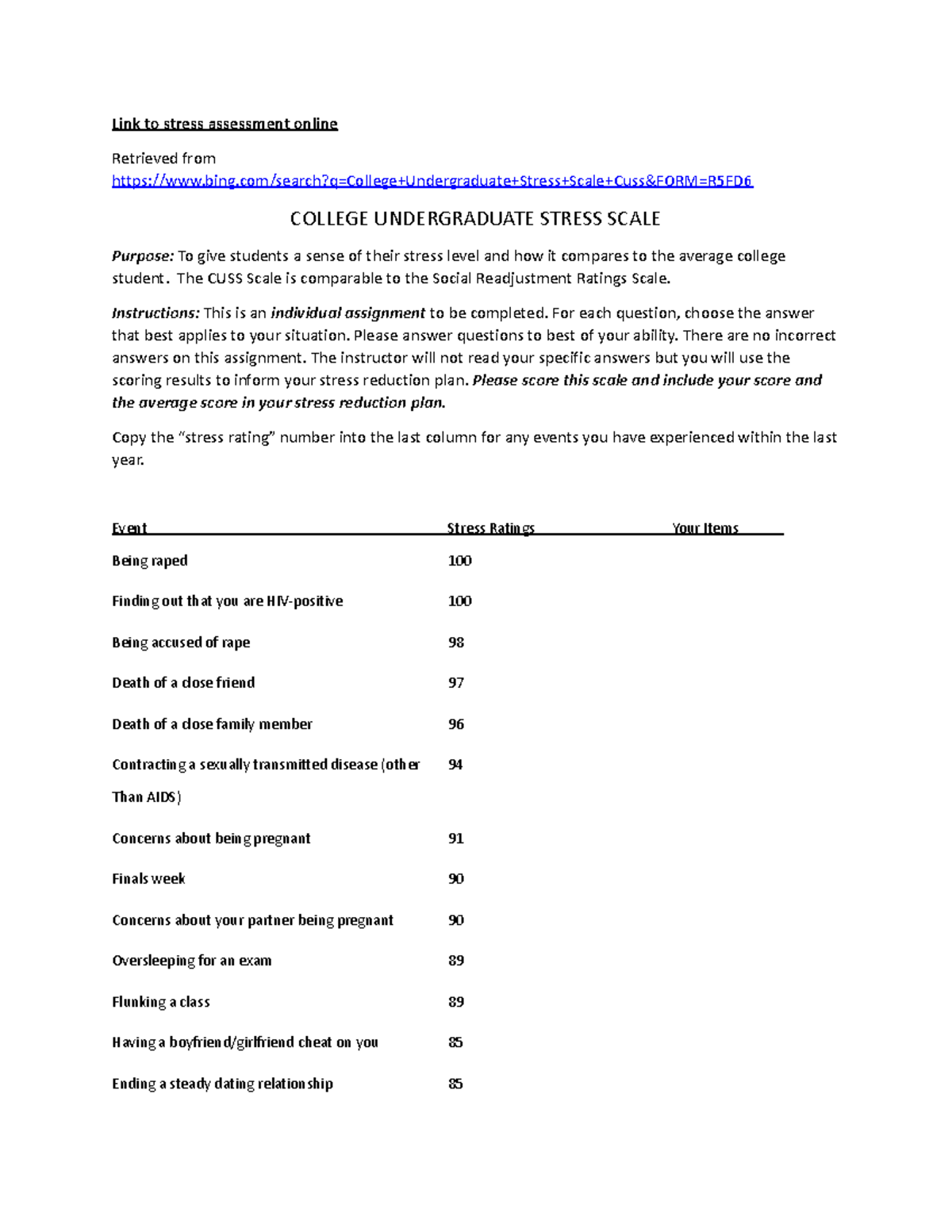 Solved CUSS Stress Assessment - Link to stress assessment online ...