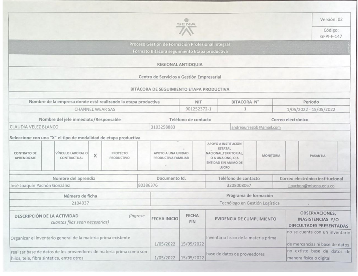 Bitacora N° 1 - tecnologo en gestion logistica - Studocu
