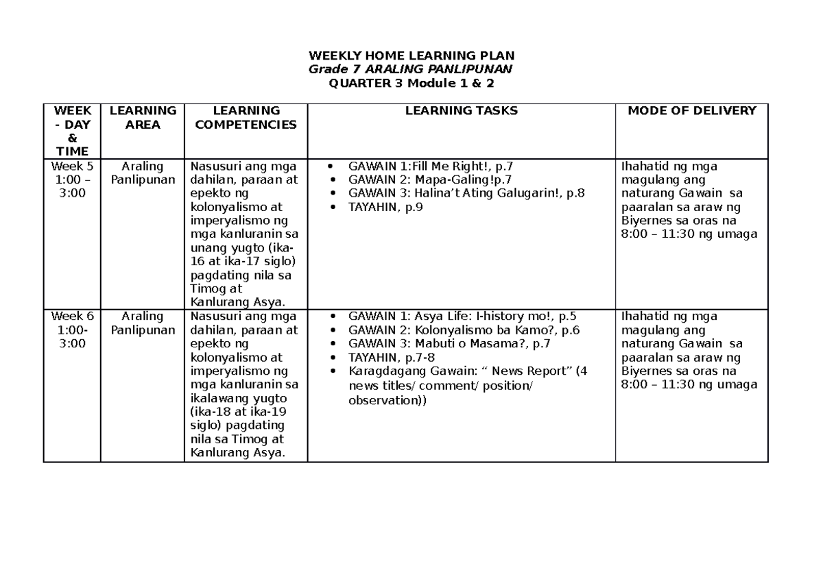 WHLP AP Q3 M1 2 - Learning Plan - WEEKLY HOME LEARNING PLAN Grade 7 ARALING PANLIPUNAN QUARTER 3 ...