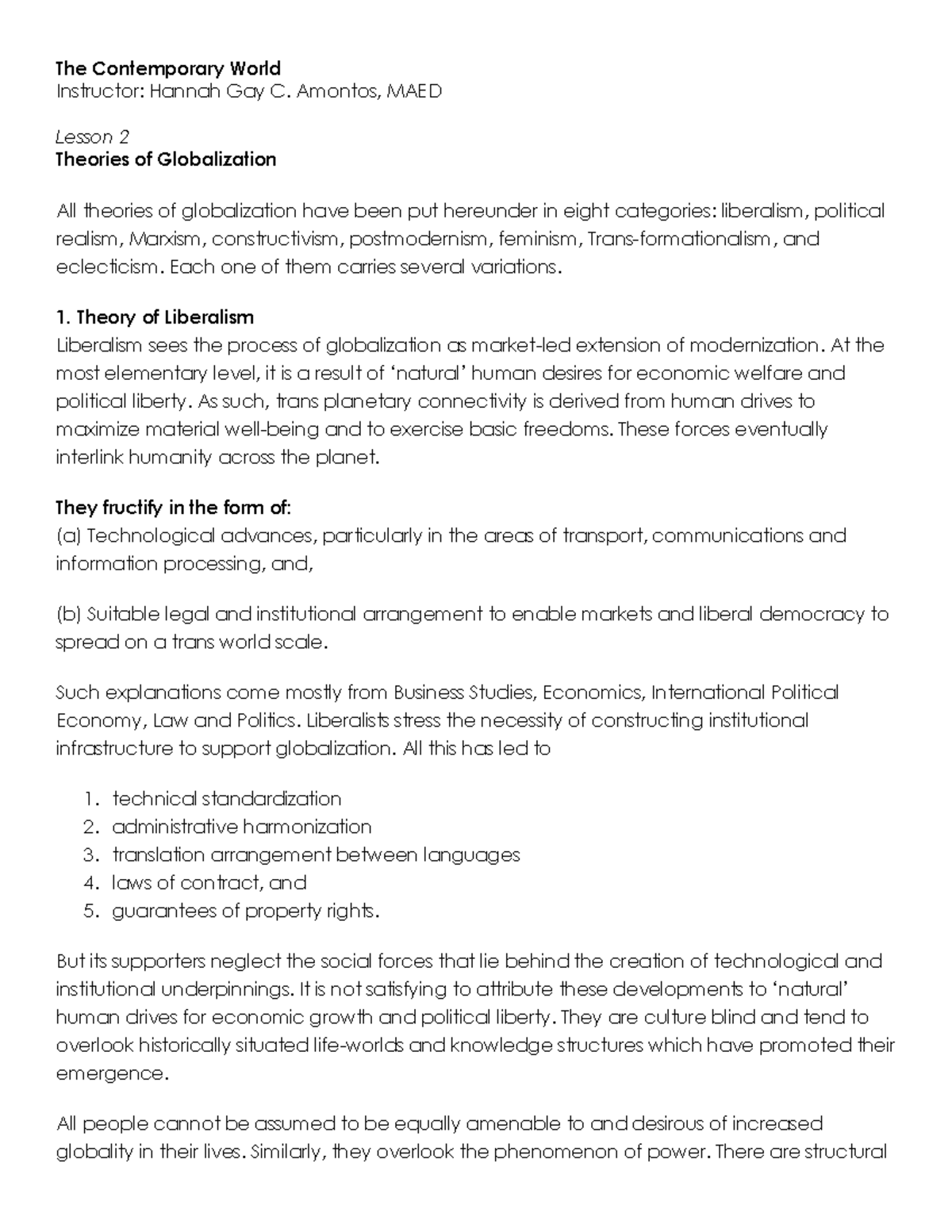 Lesson 2 Theories of Globalization - The Contemporary World Instructor ...