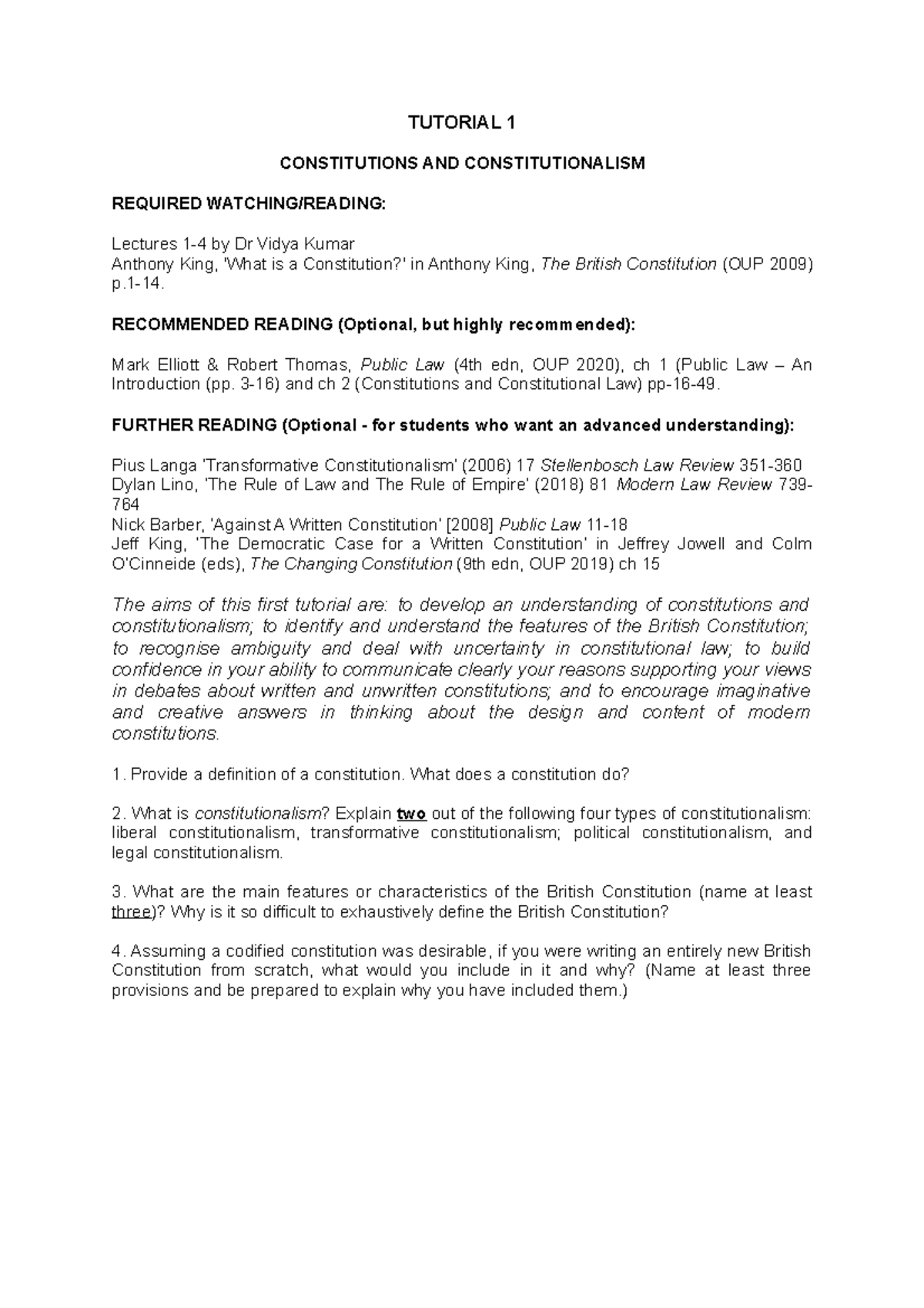 C & A Tutorial 1 Q - TUTORIAL 1 CONSTITUTIONS AND CONSTITUTIONALISM REQUIRED WATCHING/READING ...