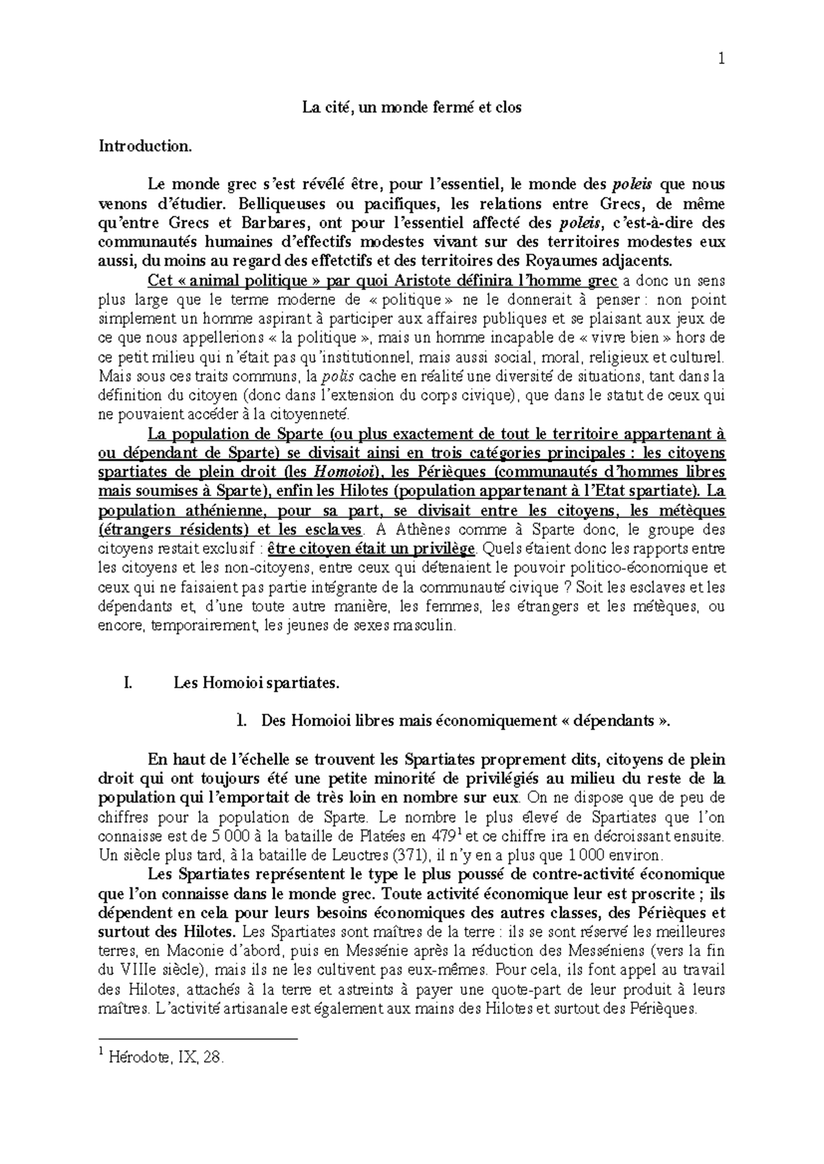 11. Homoioi et citoyens - La cité, un monde fermé et clos Introduction ...