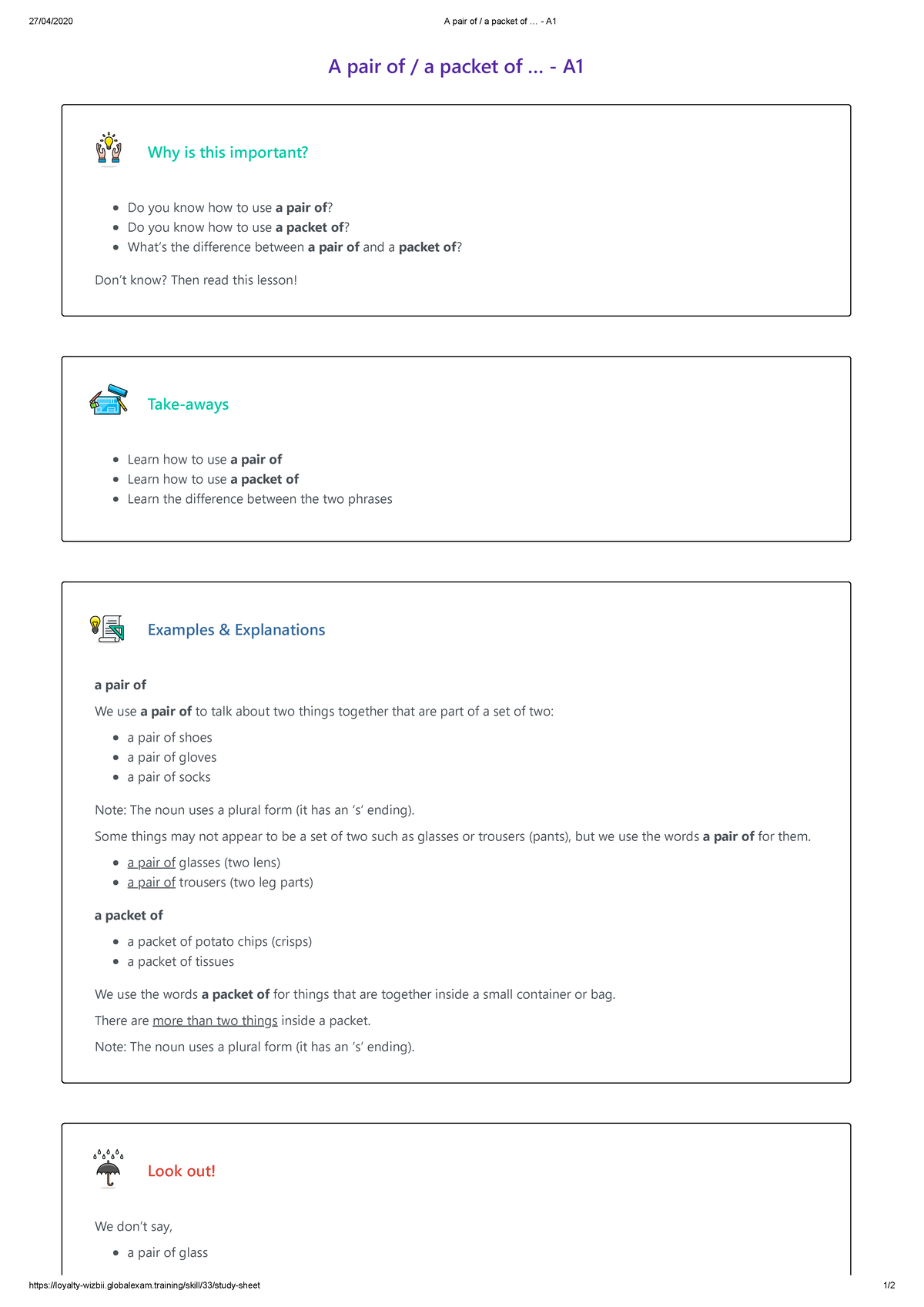 A pair of a packet of … - A1 - 27/04/2020 A pair of / a packet of ...