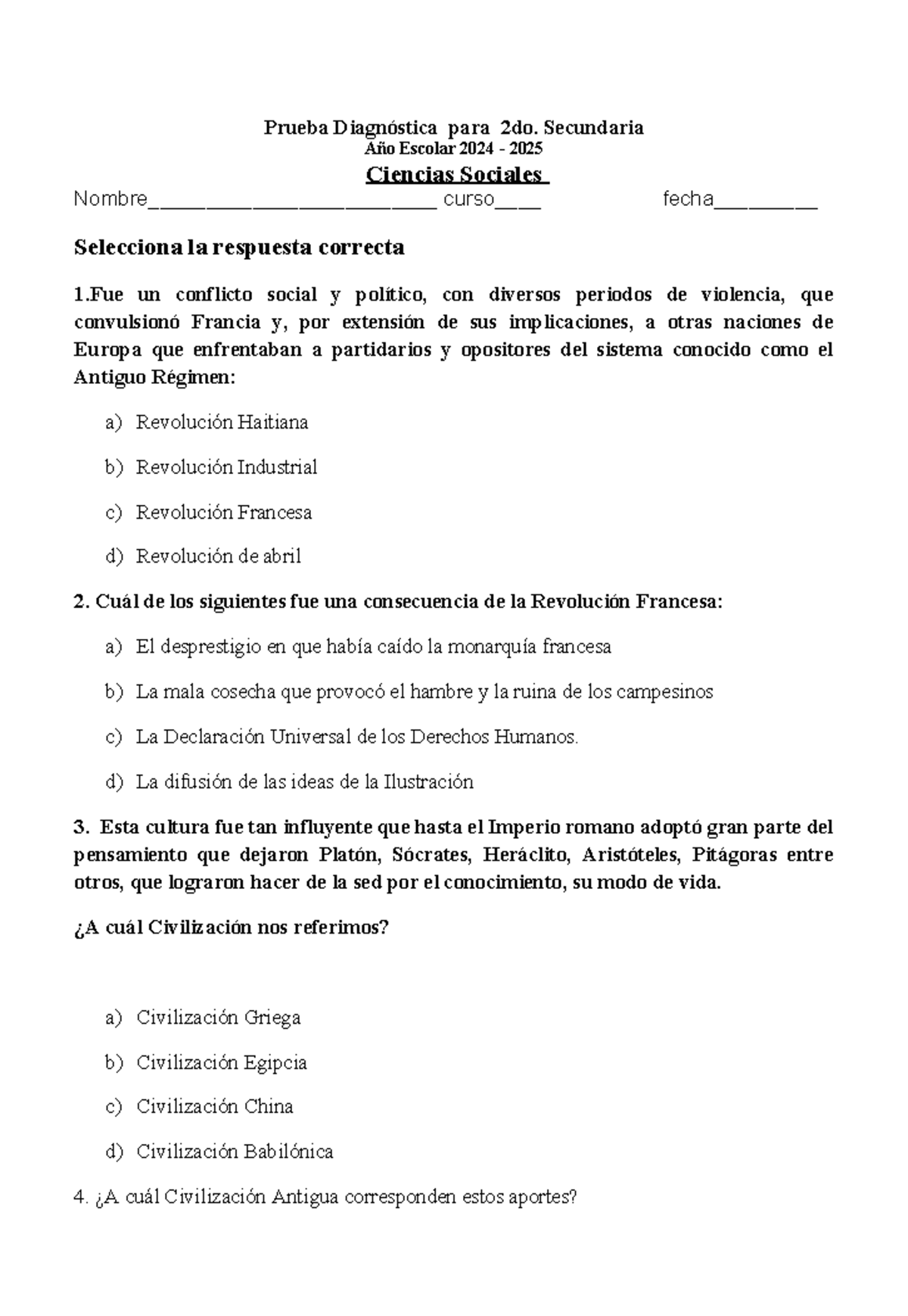 examen para prueba diagnostica de segundo de secundaria - Prueba ...