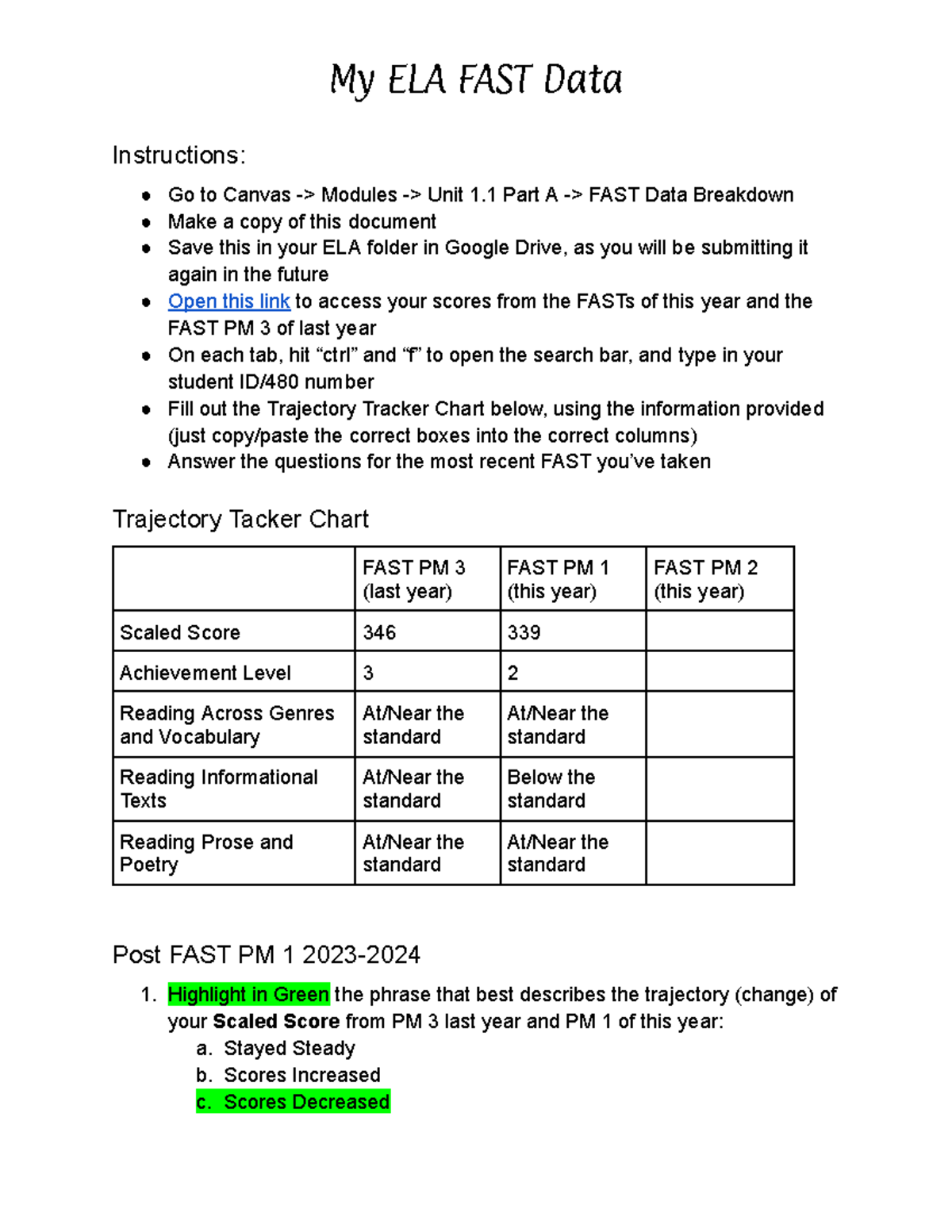 Copy of My ELA FAST Data Worksheet - Instructions: Go to Canvas ...