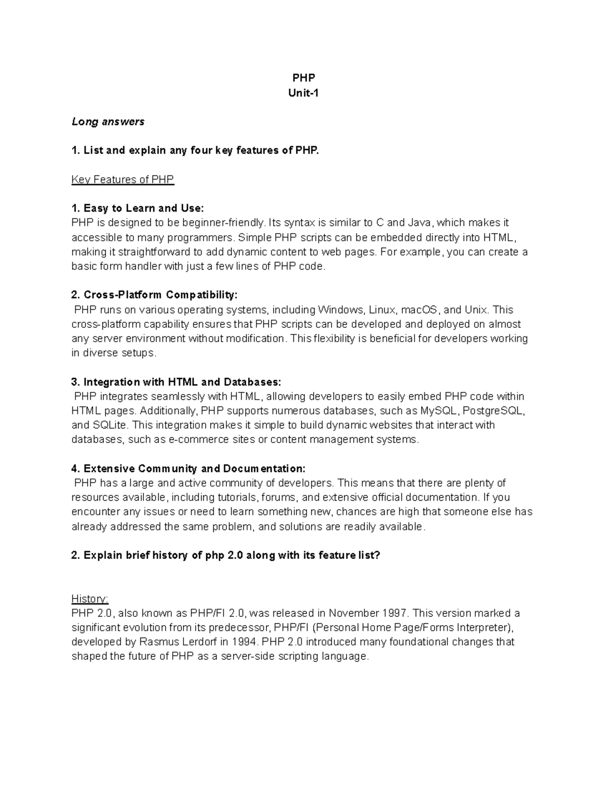 U1 Php Php Solved Questions Bank Php Unit Long Answers List And Explain Any Four Key 