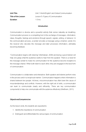 Unit I Lesson 1 Varieties of English Language - Unit I Title: World ...