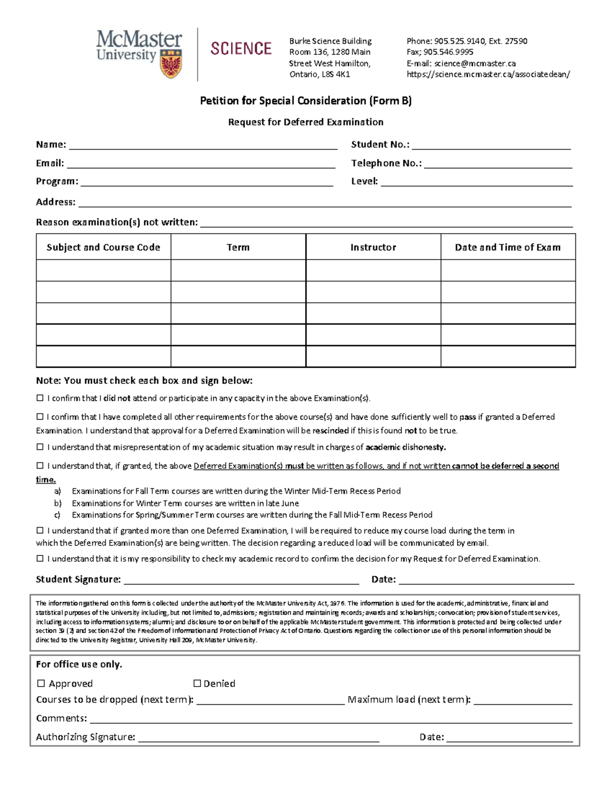 Petition for Special Consideration - Form B (Request for Deferred Exam) - Petition for Special ...