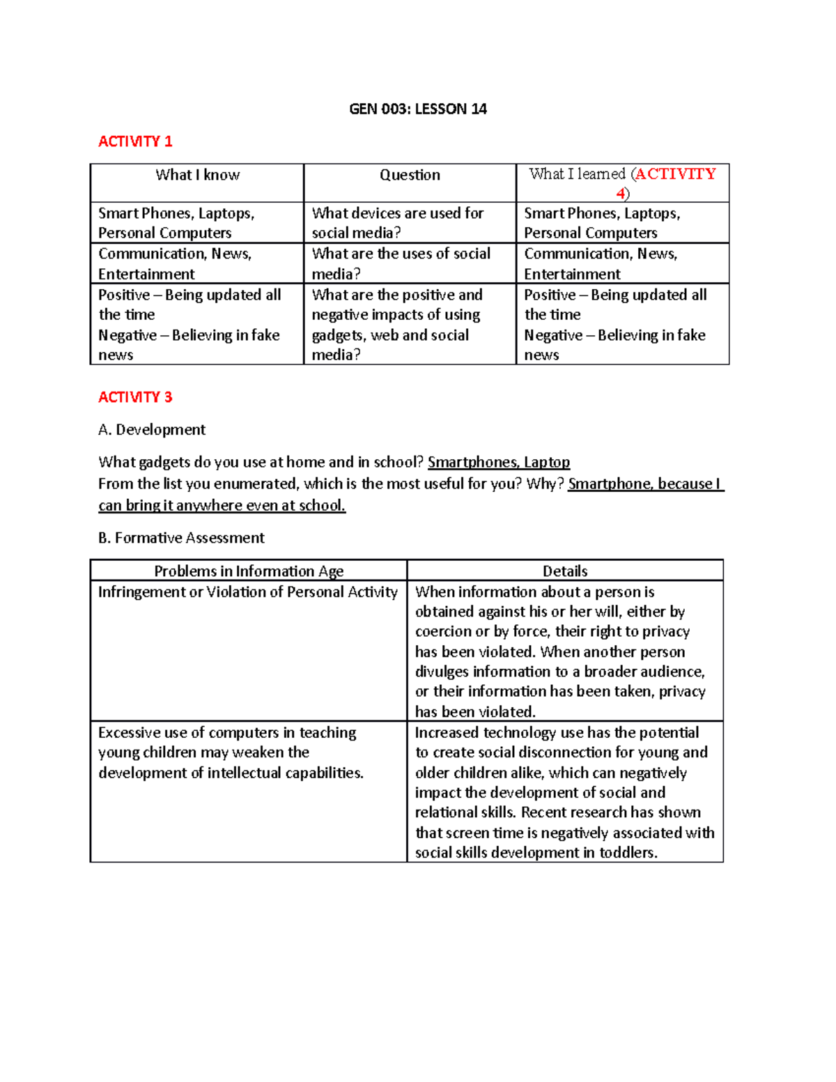GEN 003 - Lesson 14 - GEN 003: LESSON 14 ACTIVITY 1 What I know Question What I learned ...