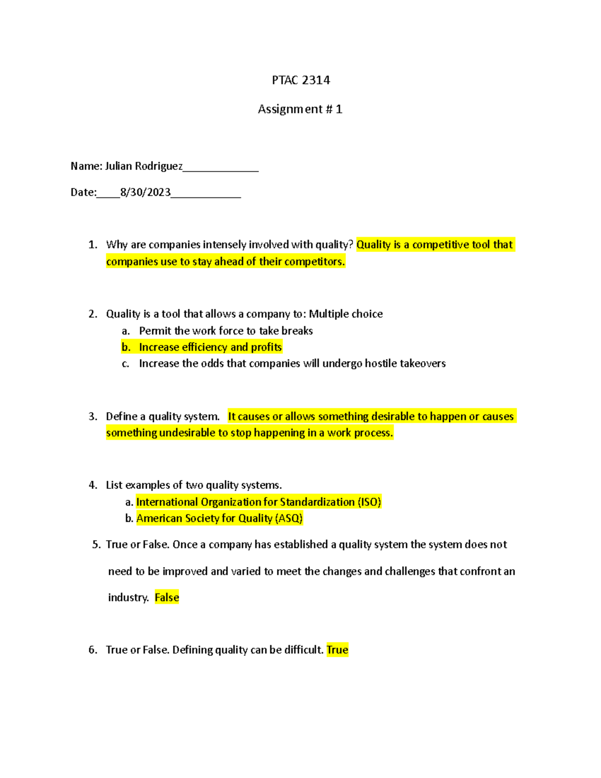 PTAC 2314 Assignment # 1 - PTAC 2314 Assignment # 1 Name: Julian ...
