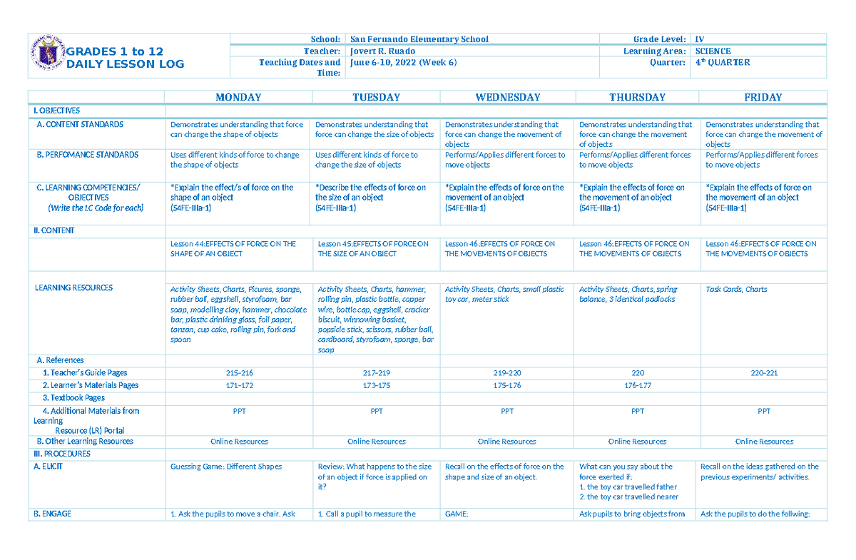 DLL Science 4 Q3 W1 - GRADES 1 to 12 DAILY LESSON LOG School: San ...