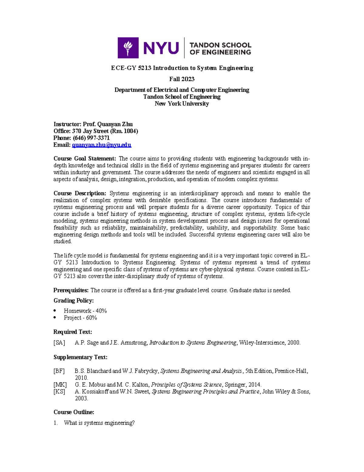 5213 Course Outline - ECE-GY 5213 Introduction to System Engineering Fall 2023 Department of ...