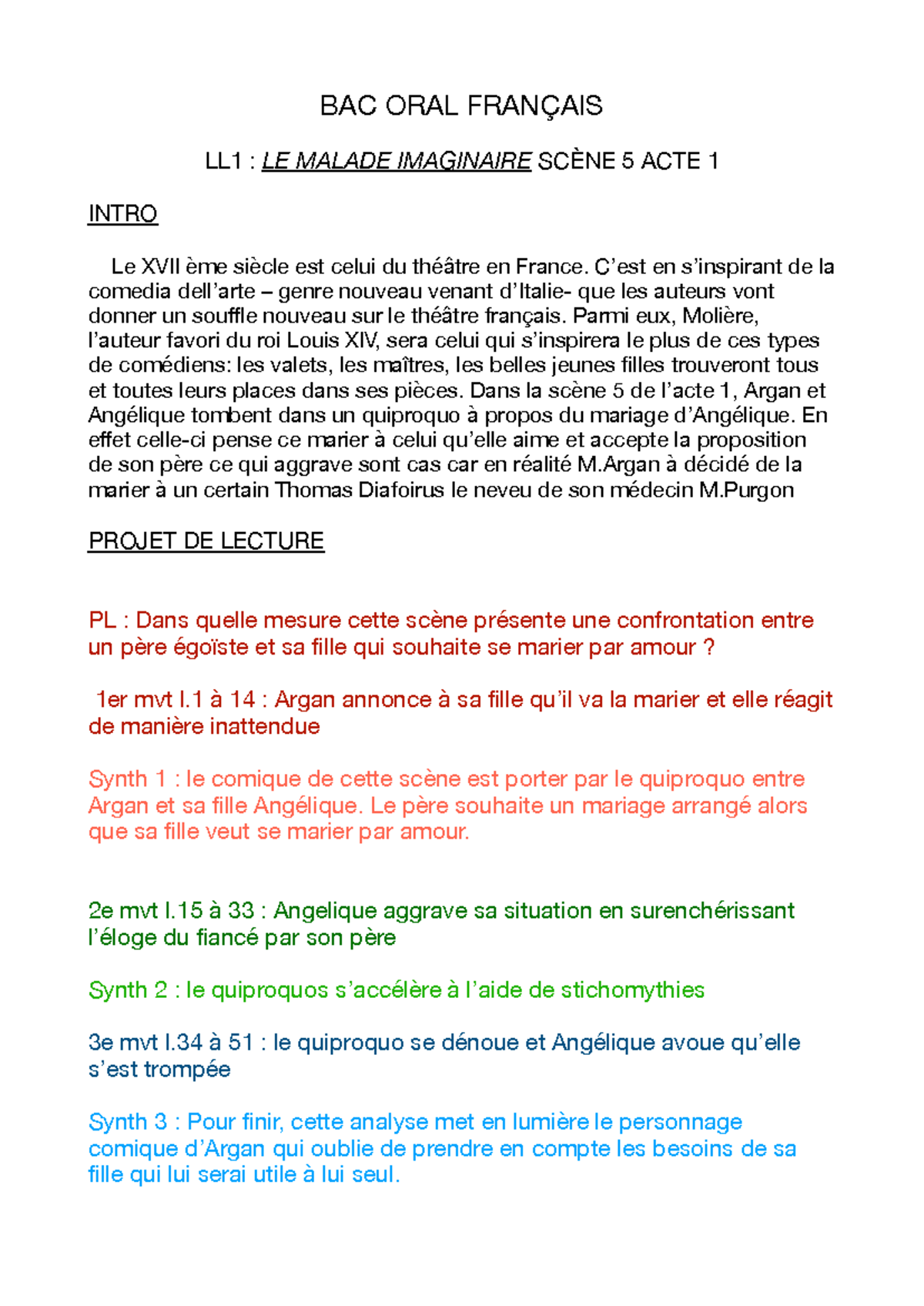 Cahier de douai - BAC ORAL FRANÇAIS LL1 : LE MALADE IMAGINAIRE SCÈNE 5 ...