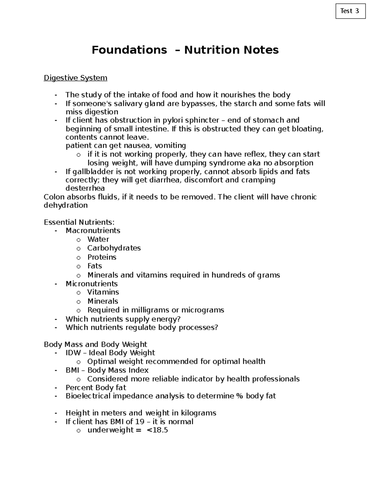 Notes - Test 3 - Nutrition - Foundations – Nutrition Notes Digestive ...