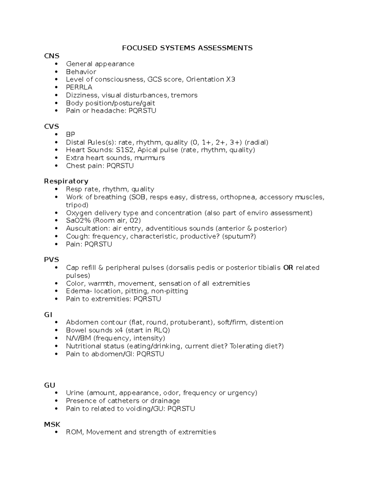 Focused Systems Assessments - FOCUSED SYSTEMS ASSESSMENTS CNS General ...