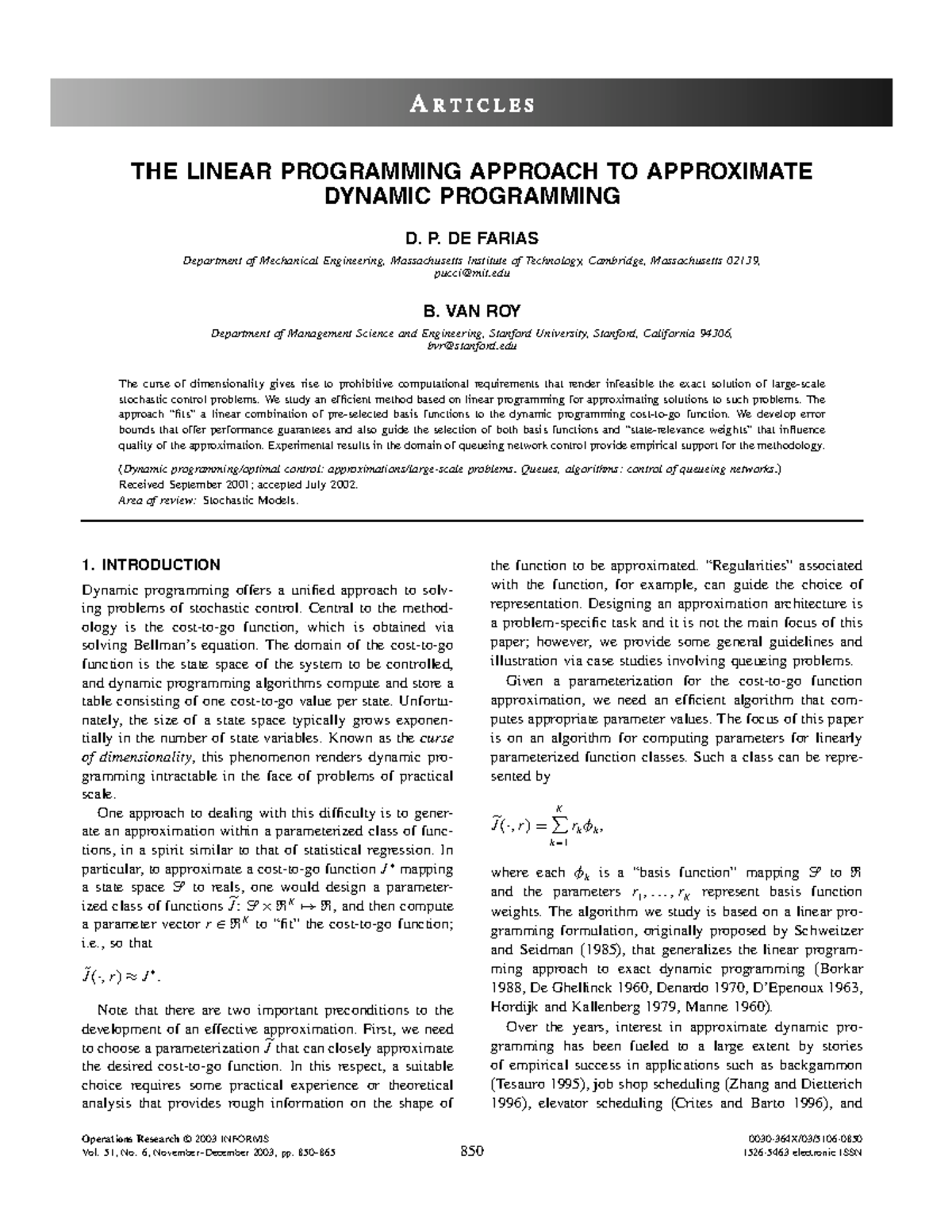 LP ADP - This is an upload - THE LINEAR PROGRAMMING APPROACH TO APPROXIMATE DYNAMIC PROGRAMMING ...