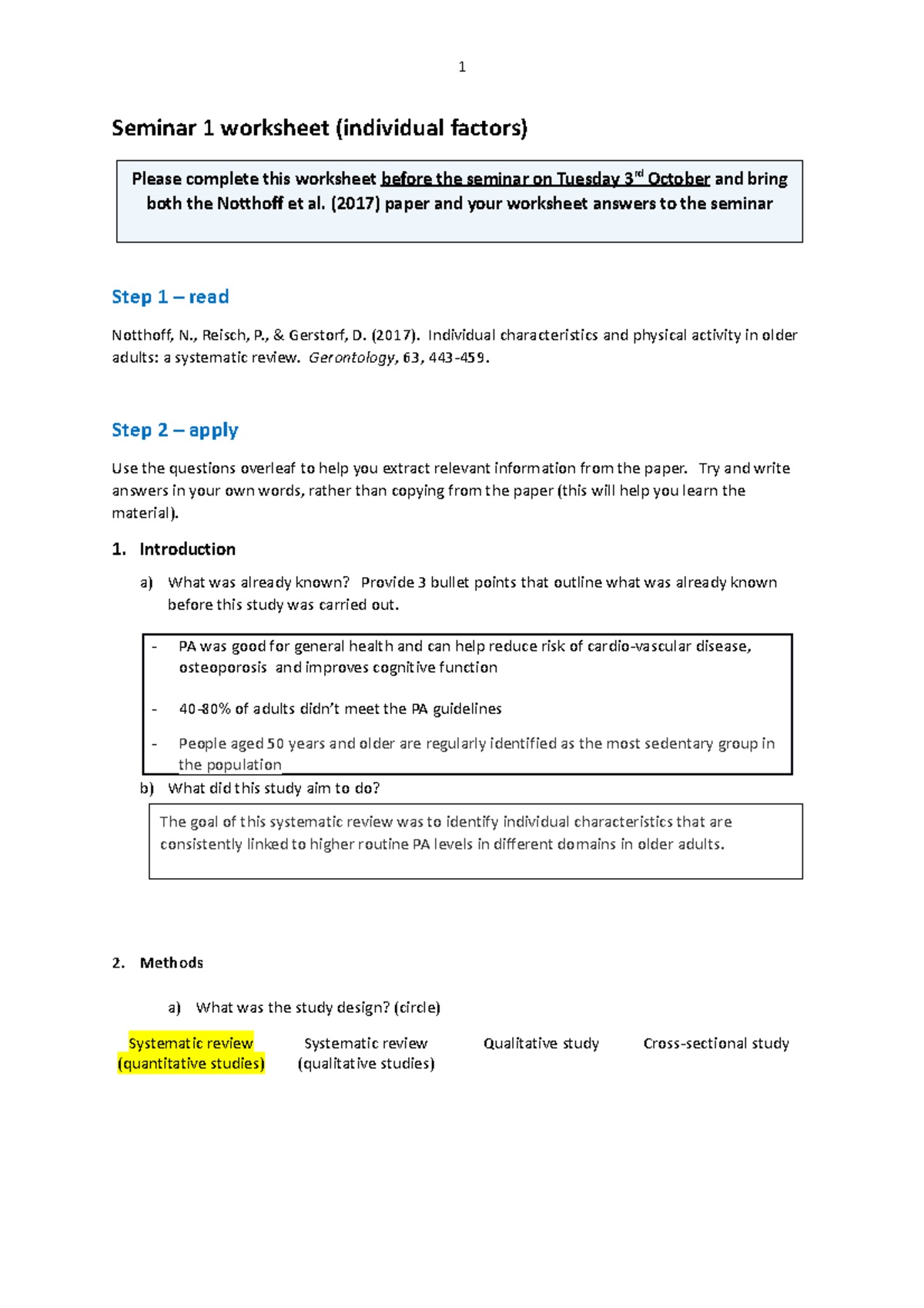 Seminar 1 Worksheet (induvidual) - Seminar 1 worksheet (individual ...