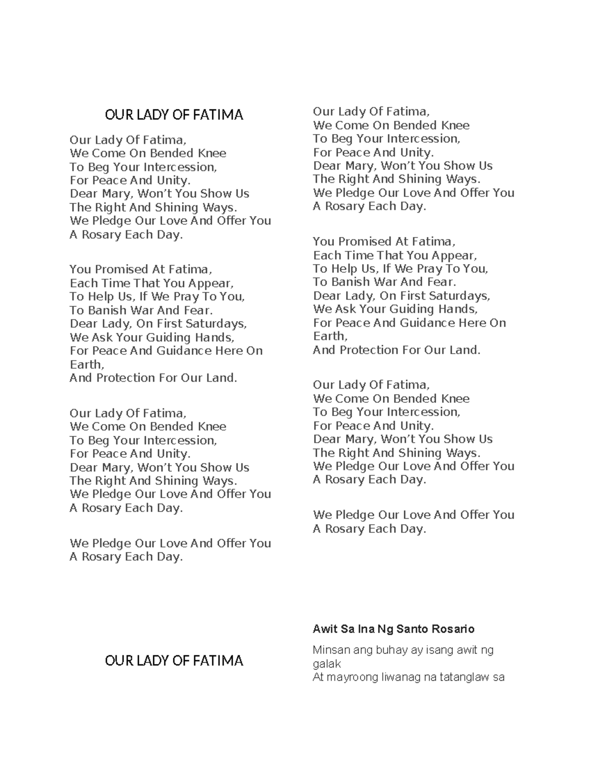 OUR LADY OF Fatima Lyrics - OUR LADY OF FATIMA Our Lady Of Fatima, We ...